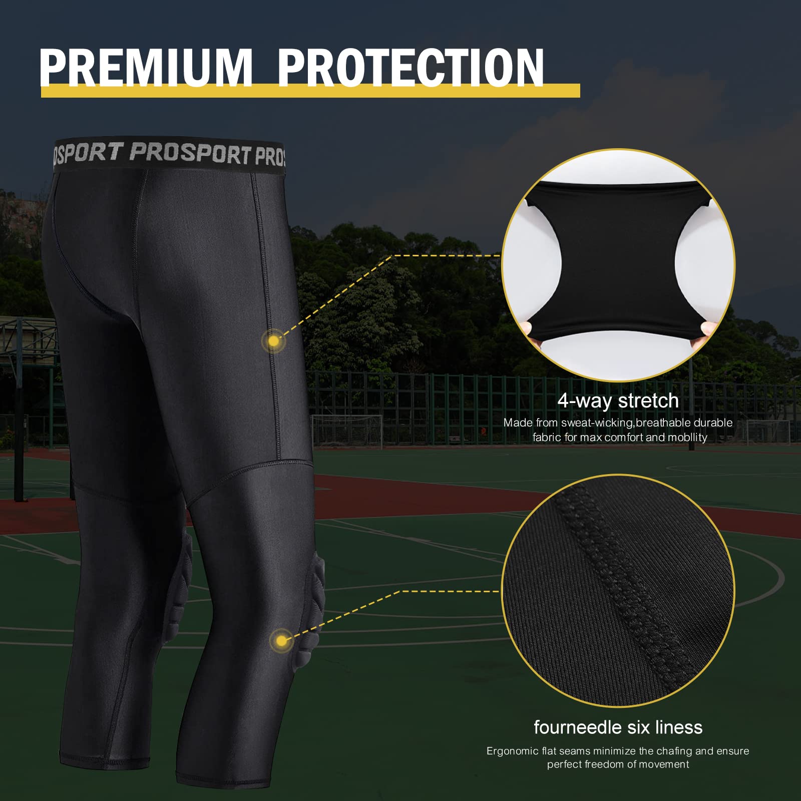 Blaward Mens Boys Compression Pants with Knee Pads 3/4 Capri Sport Tights Basketball Athletic Base Layer Workout Leggings