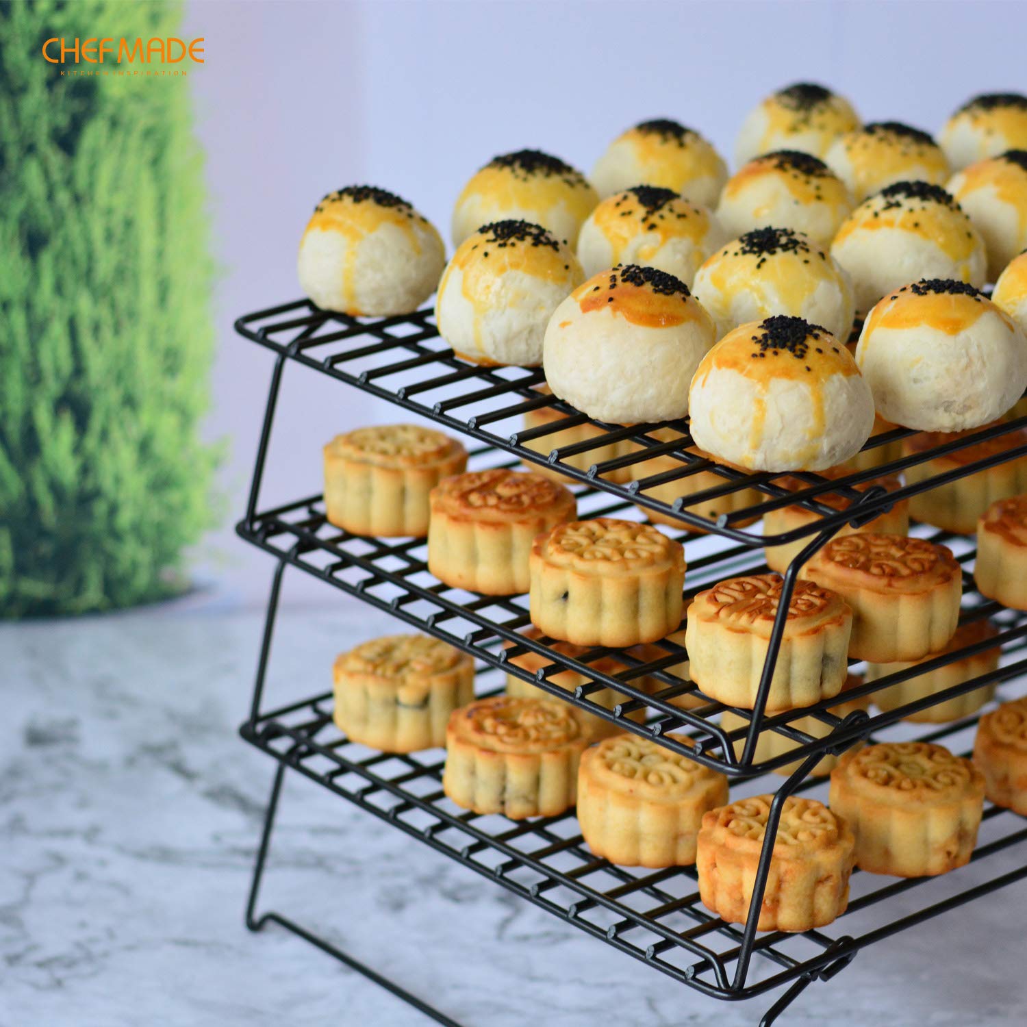 CHEFMADE Baking and Cooling Rack Set, 13.5-Inch 3-Tier Non-Stick Stackable Collapsible Rectangle Wire Rack for Oven Baking (Black)