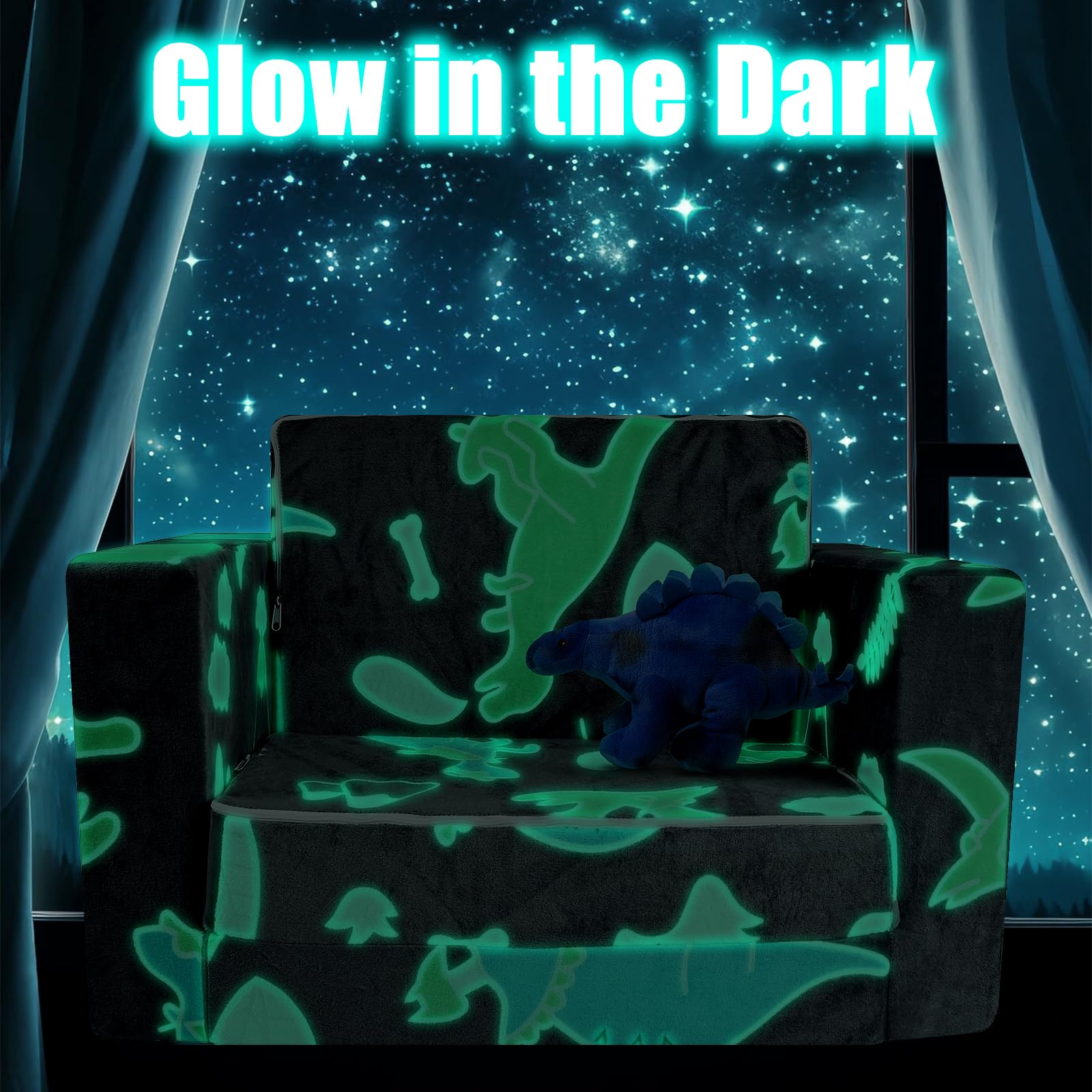 Fivetry Kids Sofa - Comfy 2-in-1 Kids Couch Bed Glow in The Dark Baby Modular Dinosaur Couch Kids Chairs Comfy Toddler Convertible Couch Bed for Girls and Boys, Grey