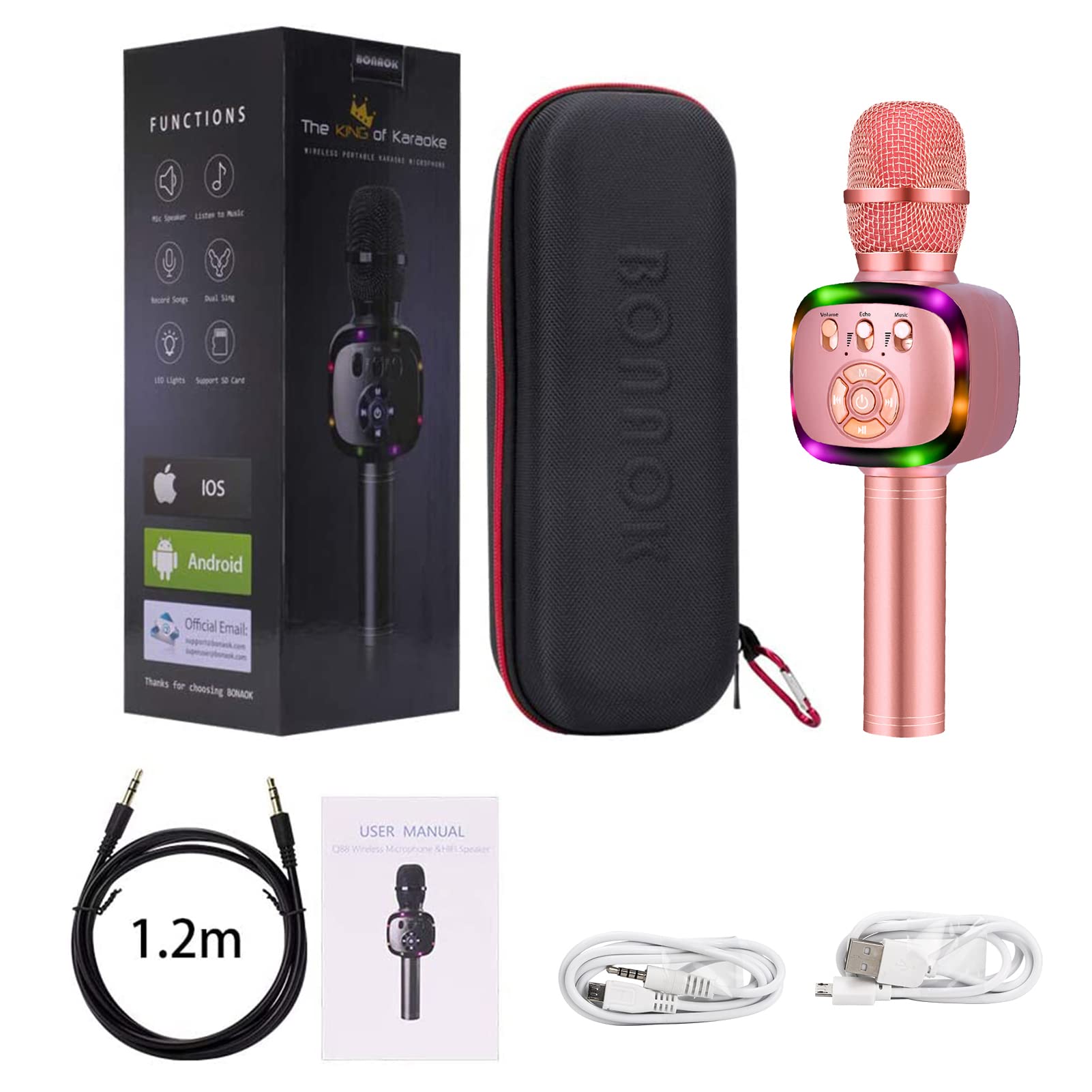 BONAOK Wireless Bluetooth Karaoke Microphone with Dual Sing, LED Lights, Portable Handheld Mic Speaker Machine for Kids Toys/PC/Outdoor/Birthday/Home/Party(Space Gray)