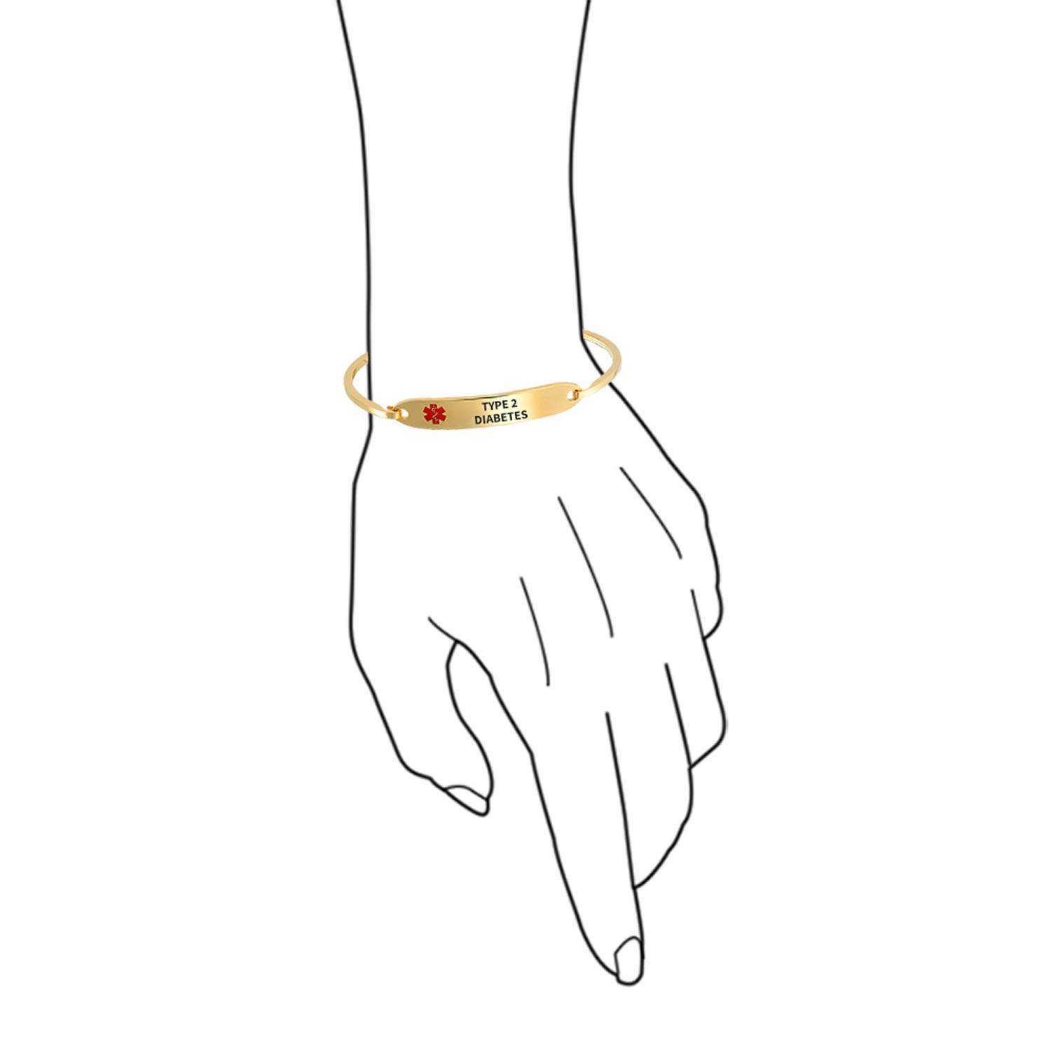 Bling Jewelry Type 2 Diabetes Medical Identification ID Bracelet Sleek Bangle For Women Gold 2 Tone Custom Engraved