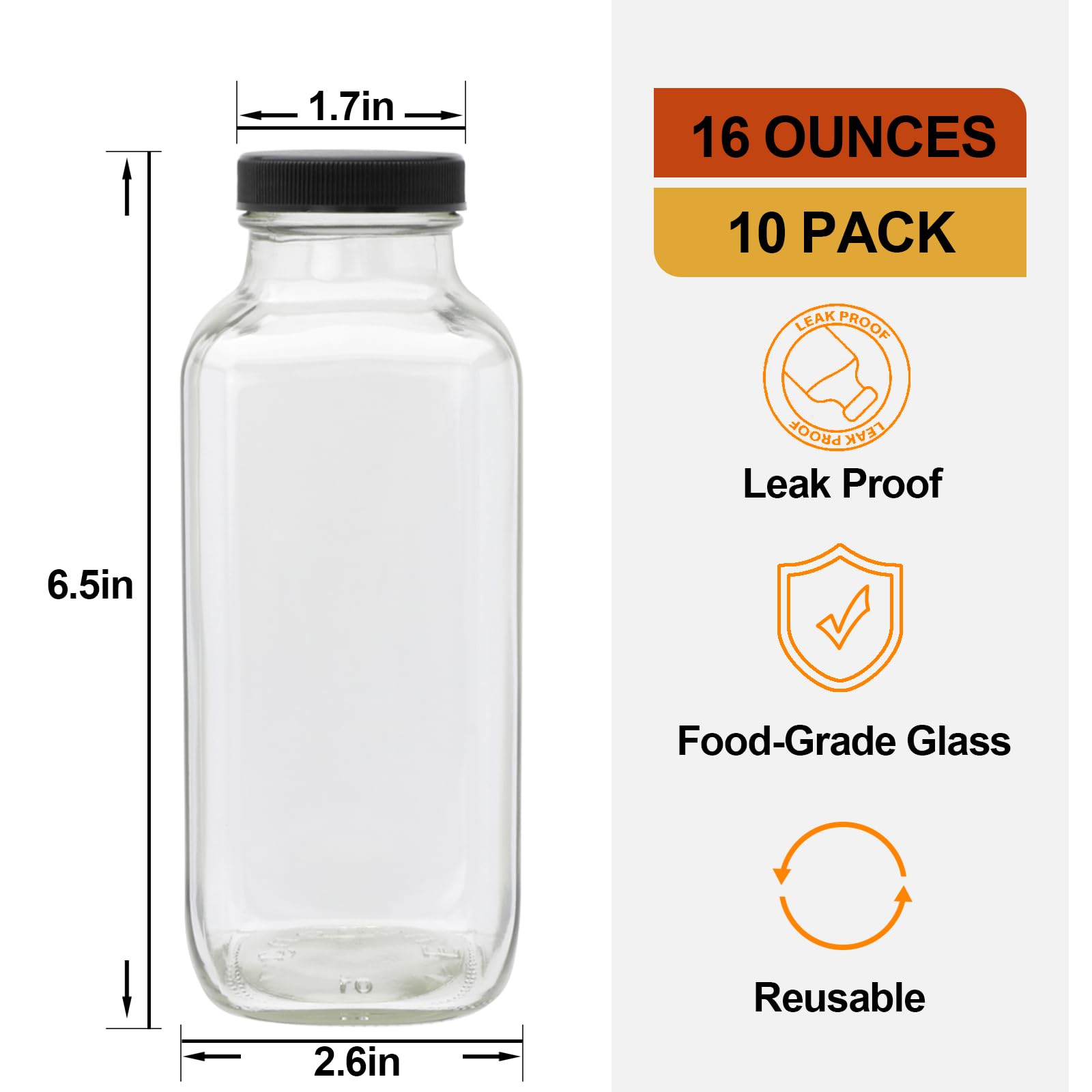 Encheng Glass Juice Bottles with Lids 16oz,Sqaure Juicing Bottles Reusable Glass Drinking Jars Set of 10,Empty 500ml Juice Containers Glass Bottles for Juice,Smoothies,Water,Kombucha