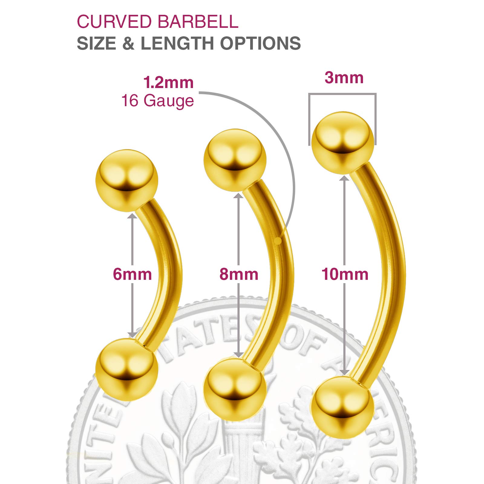Bling Piercing 3pc 16g Curved Barbell 16g Vertical Labret Eyebrow Lip Bar Gold Cartilage Earring 8mm - 2pc Retainer