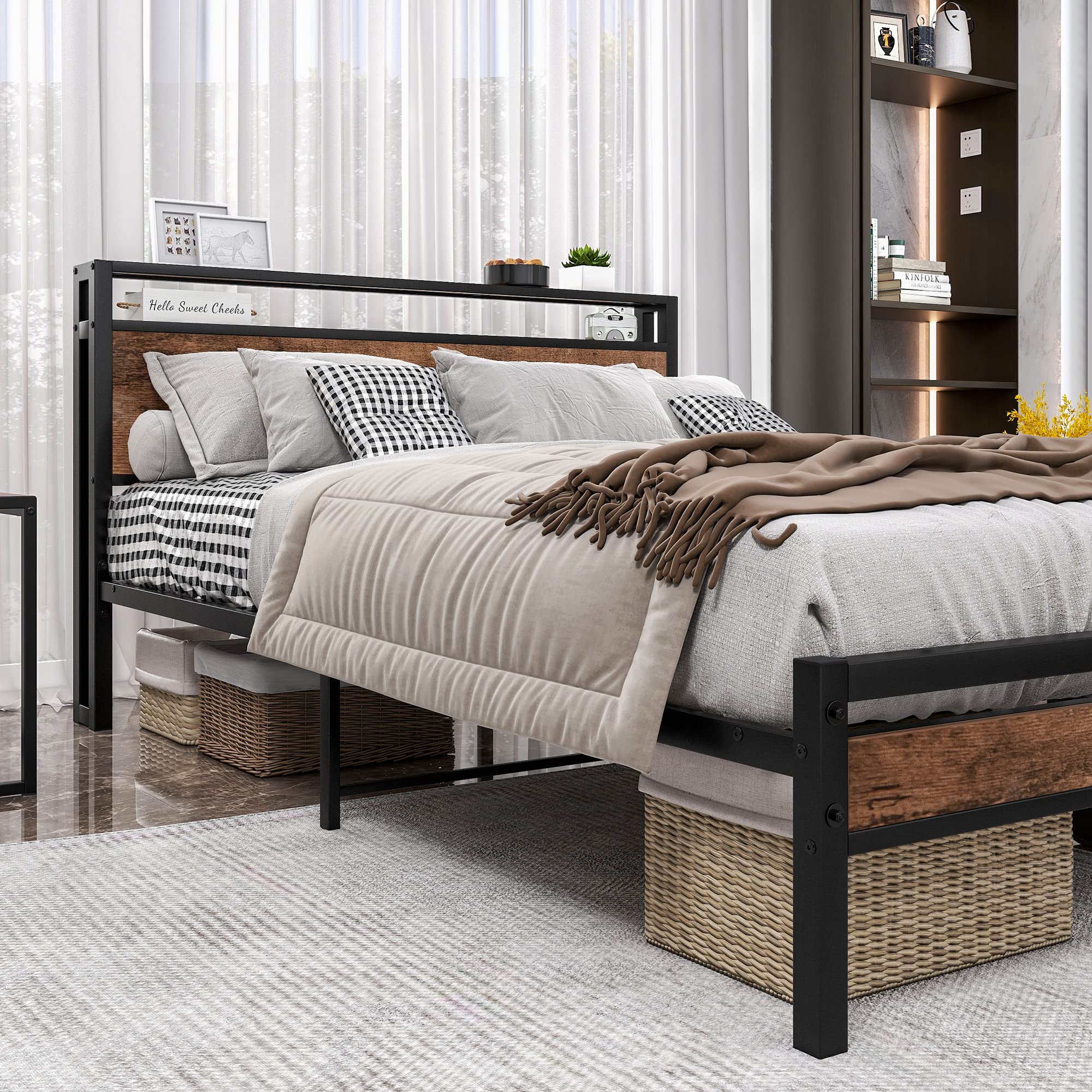 BOFENG Queen Bed Frame with 2-Tier Wood Storage Headboard,Metal Platform Bed Frame Queen Size Under Bed Storage No Box Spring Needed,Strong Support Legs,Noise Free