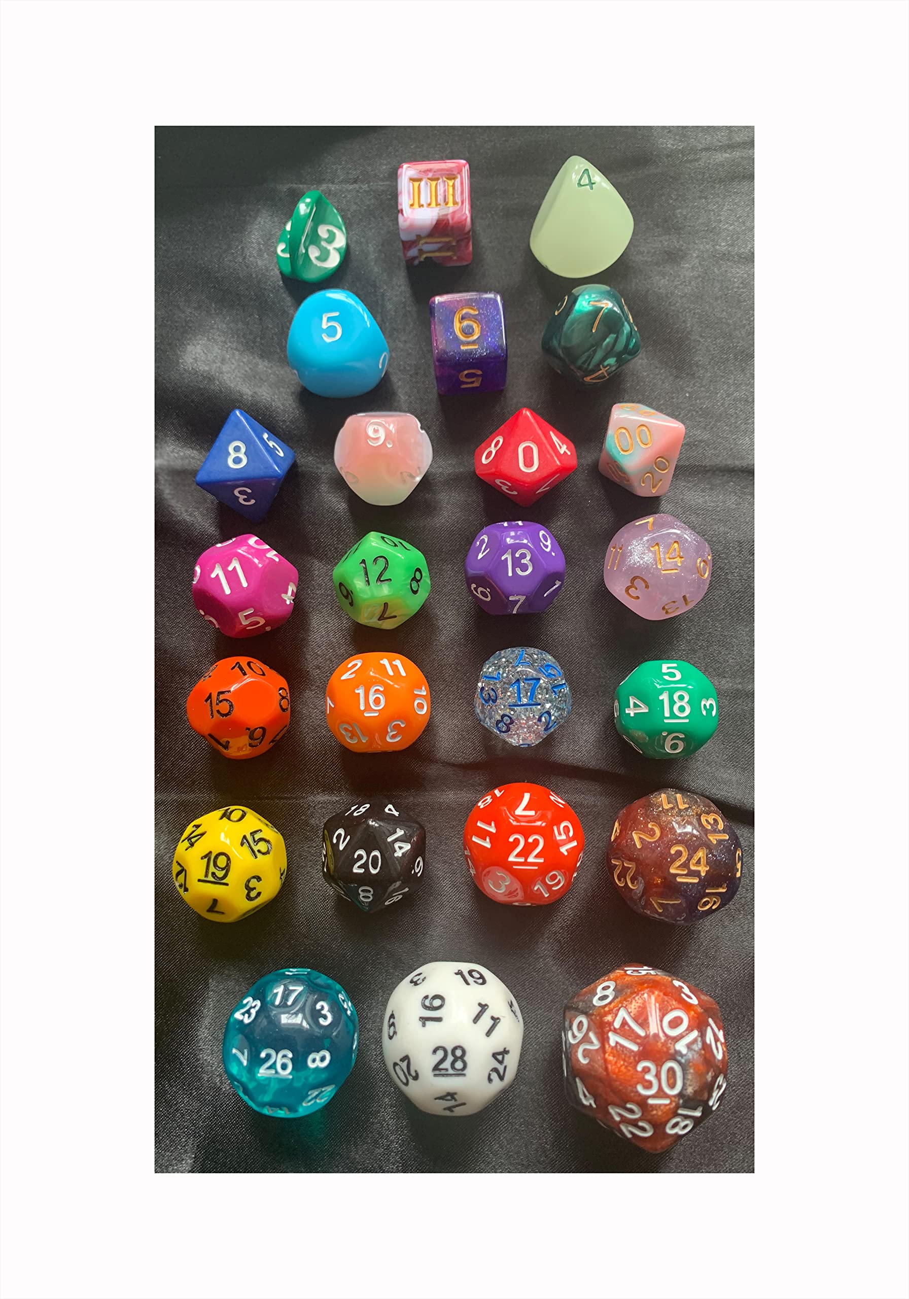 Rainbow - 25 Unusual Dice RPG Set - D3s, D4, D5, D6, D7, D8, D9, D10, D, D11, D12, D13, D14, D15, D16, D17, D18, D19, D20, D22, D24, D26, D28 & D30