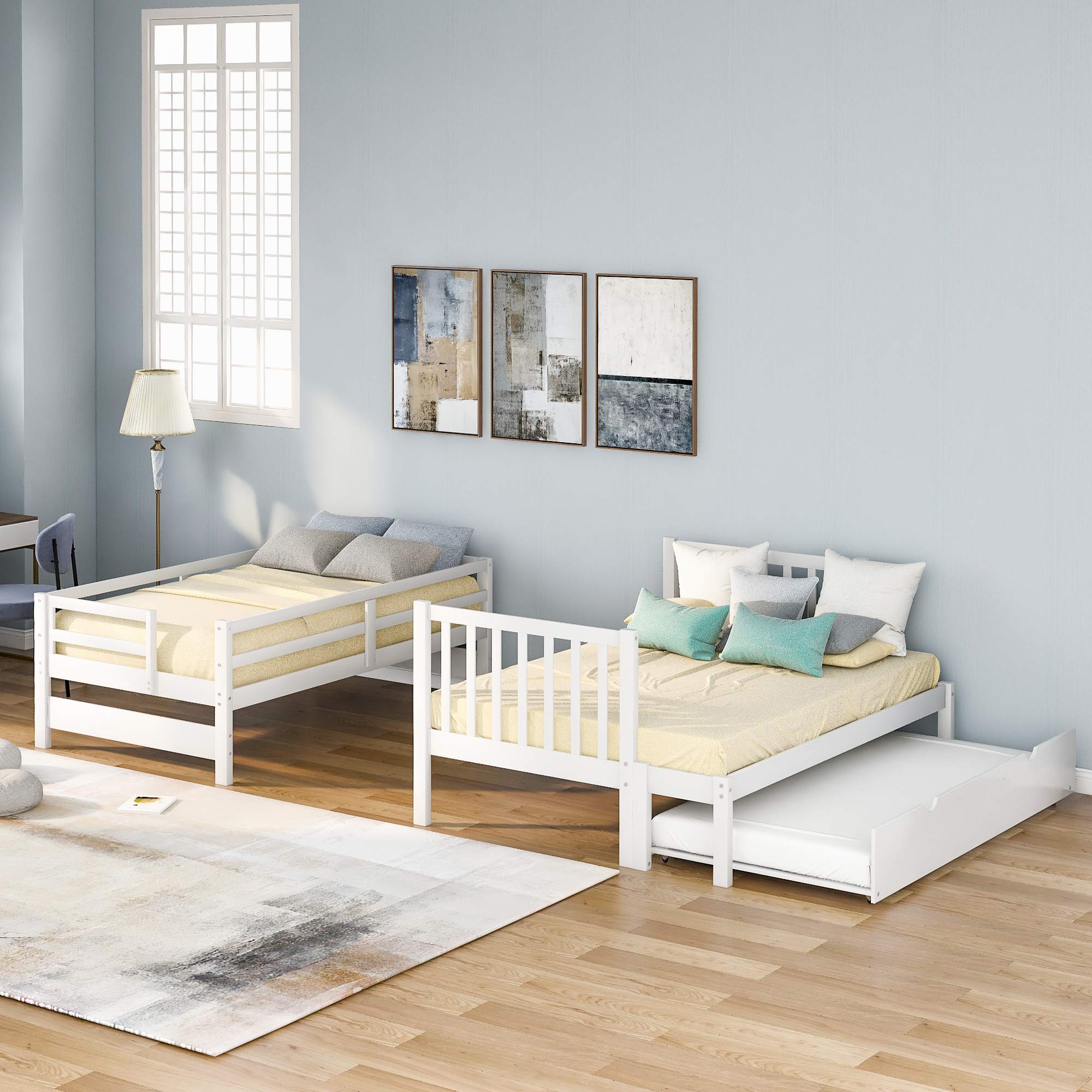 Harper & Bright Designs Stairway Twin Over Twin/Full Bunk Bed with Twin Size Trundle and Drawers, Solid Wood Bunk Bed Staircase Can be Placed on The Left or Right Side (White)