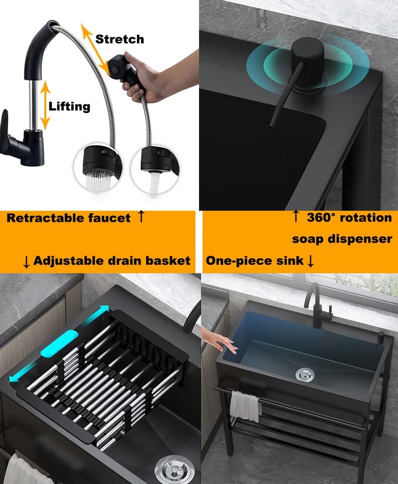 Stainless steel black utility sink, stainless steel, kitchen sink,Eco-friendly paint-free integrated sink with drainer basket, pull-out faucet, drainpipe and filter basket, (Size : 17.7"*32"(45cm*80c