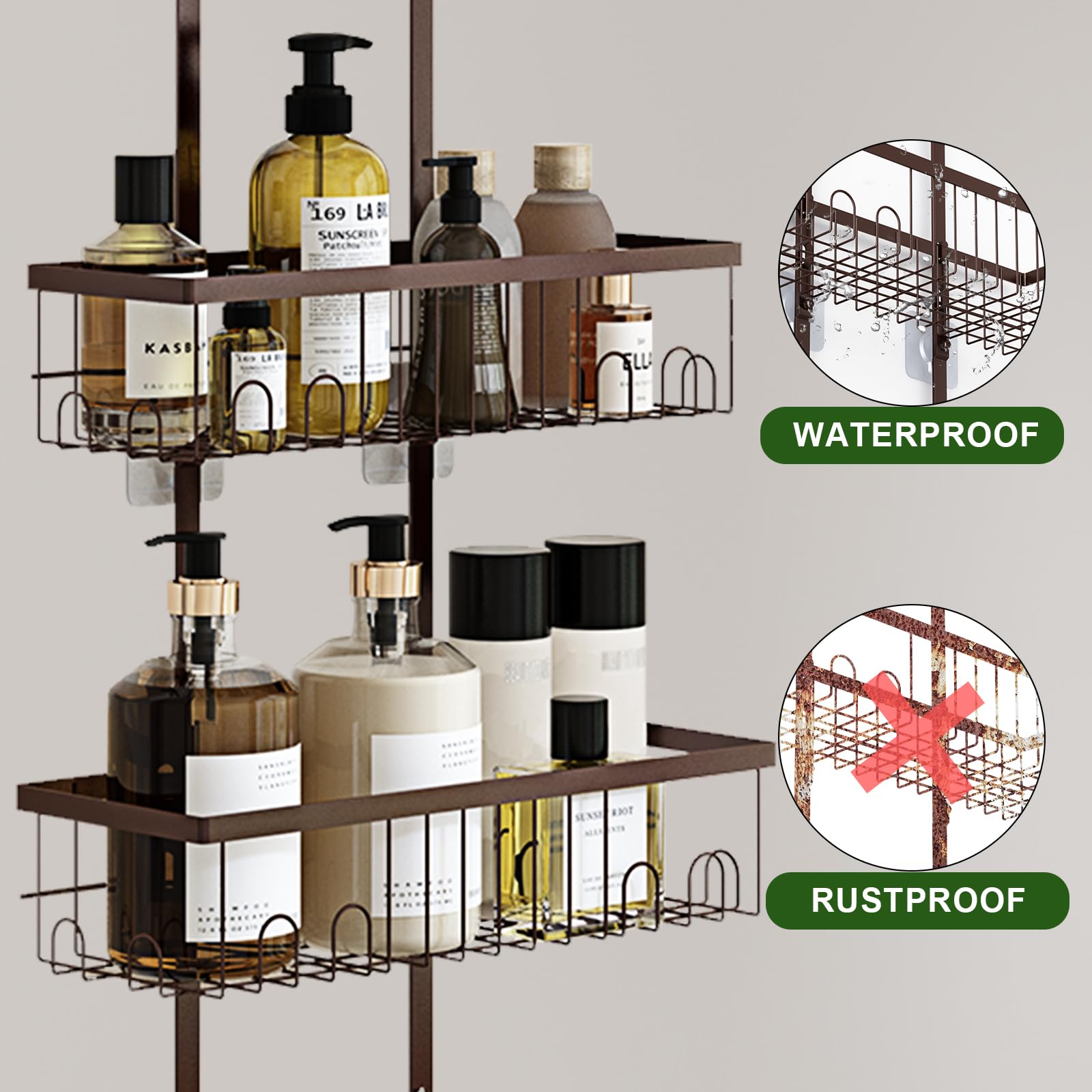 Fixwal Shower Caddy Over Shower Head, No Drilling Bathroom Hanging Shelf Storage Organizer Rack Basket with Hooks, Soap Holders and Adhesives, Rustproof Waterproof Anti-Swing, Bronze