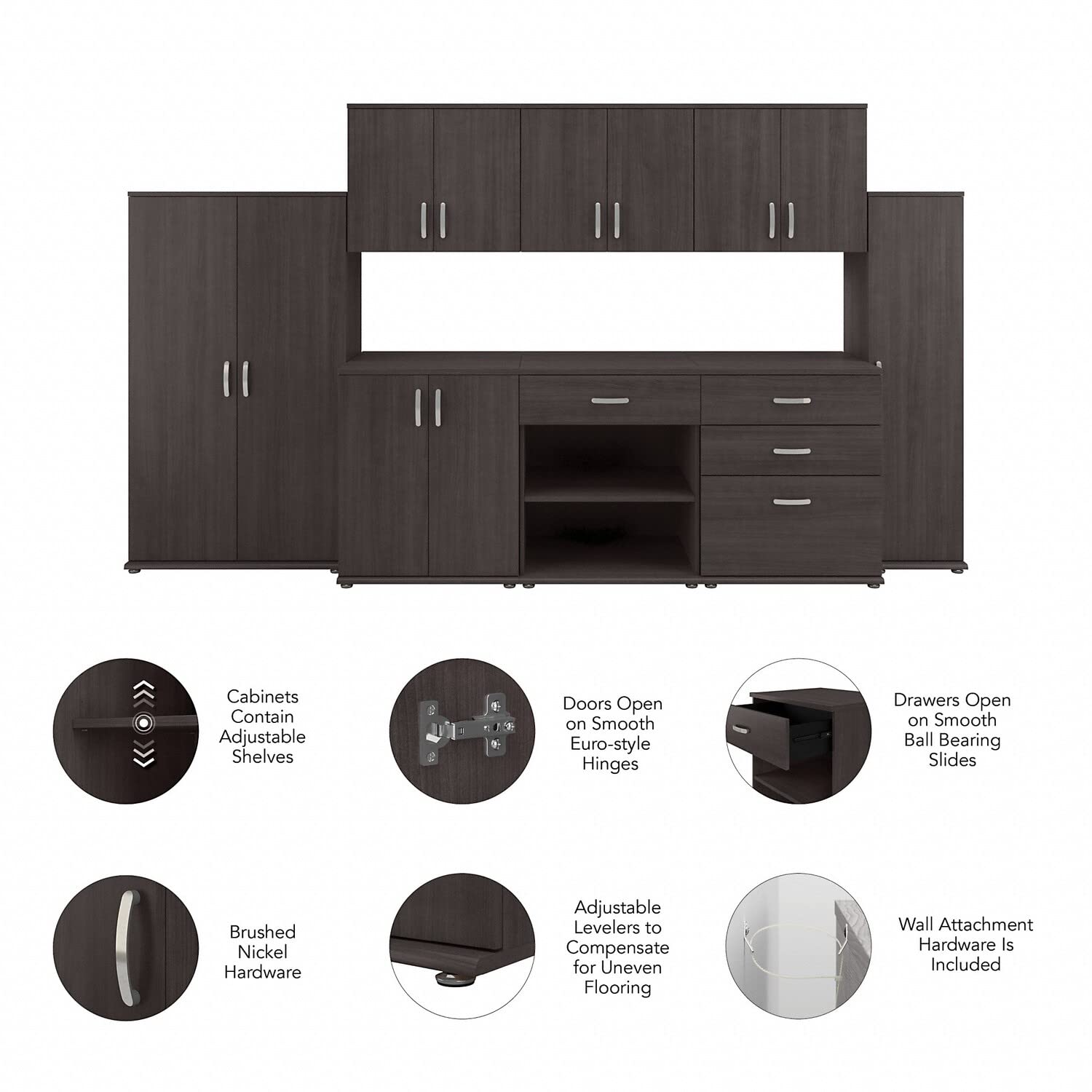 Bush Business Furniture Universal 8 Piece Modular Garage Storage Set with Floor and Wall Cabinets, Storm Gray