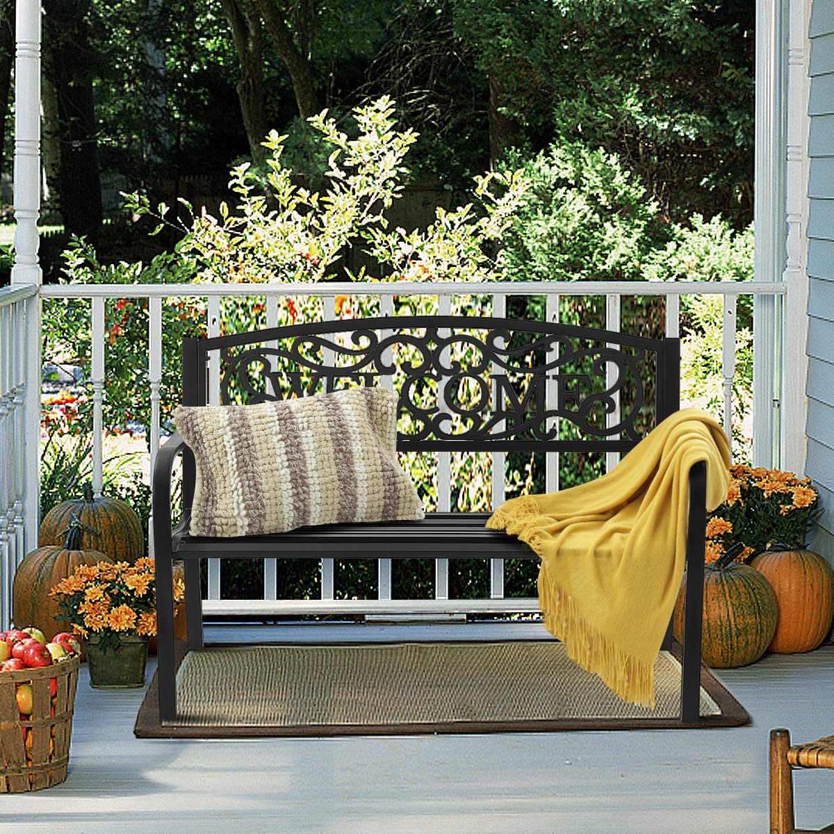 Giantex Garden Bench, Antique Metal Outside Bench w/Warm Welcome Pattern, Elegant Bronze Finish and Durable Iron Frame for Park Yard Porch Chair (Black)