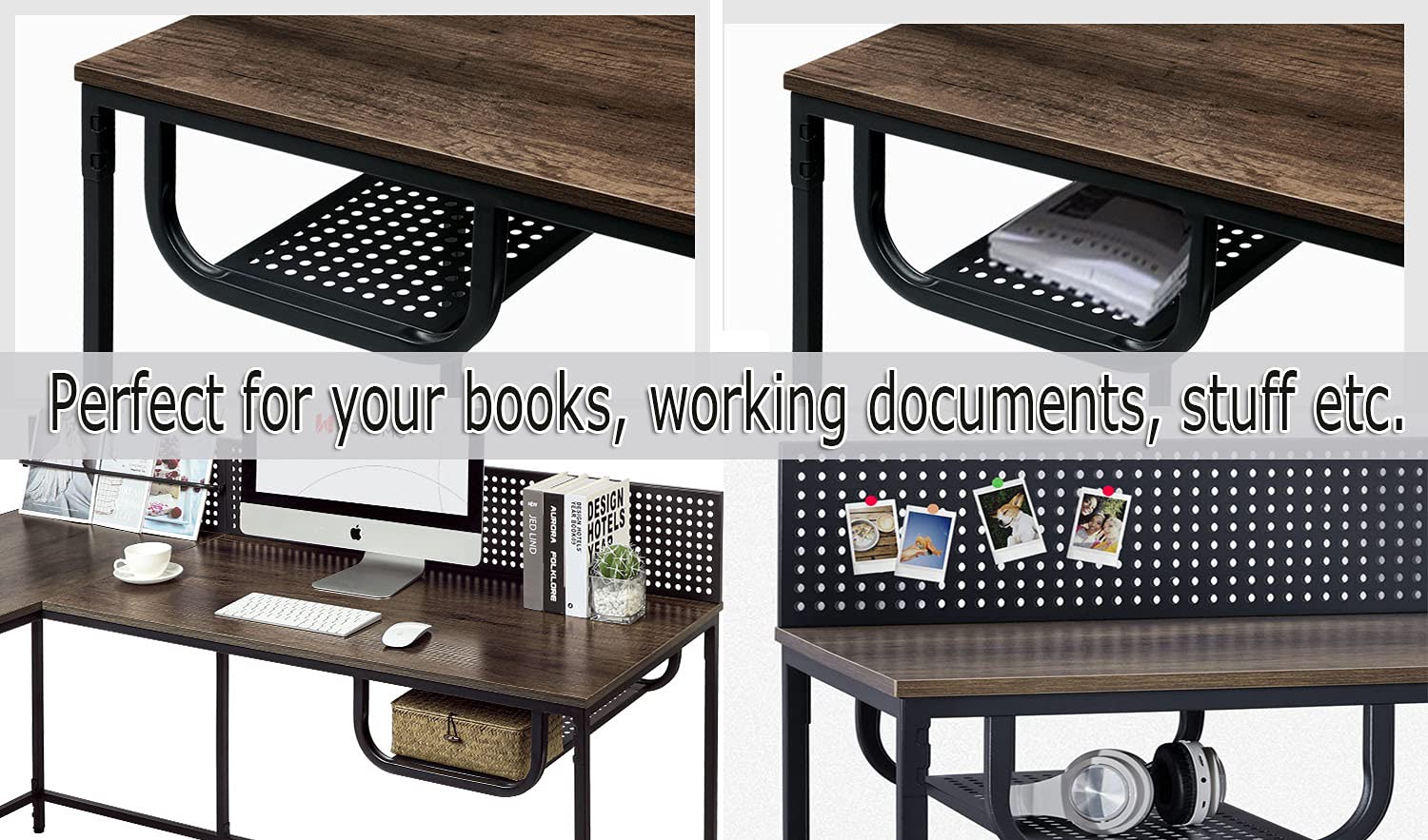 WOHOMO L Shaped Desk 65 Inch No Screw Quick Lock Computer Desk with Storage Basket Gaming Corner Writing Workstation Table with Shelf for Home Office Easy to Assemble, Walnut