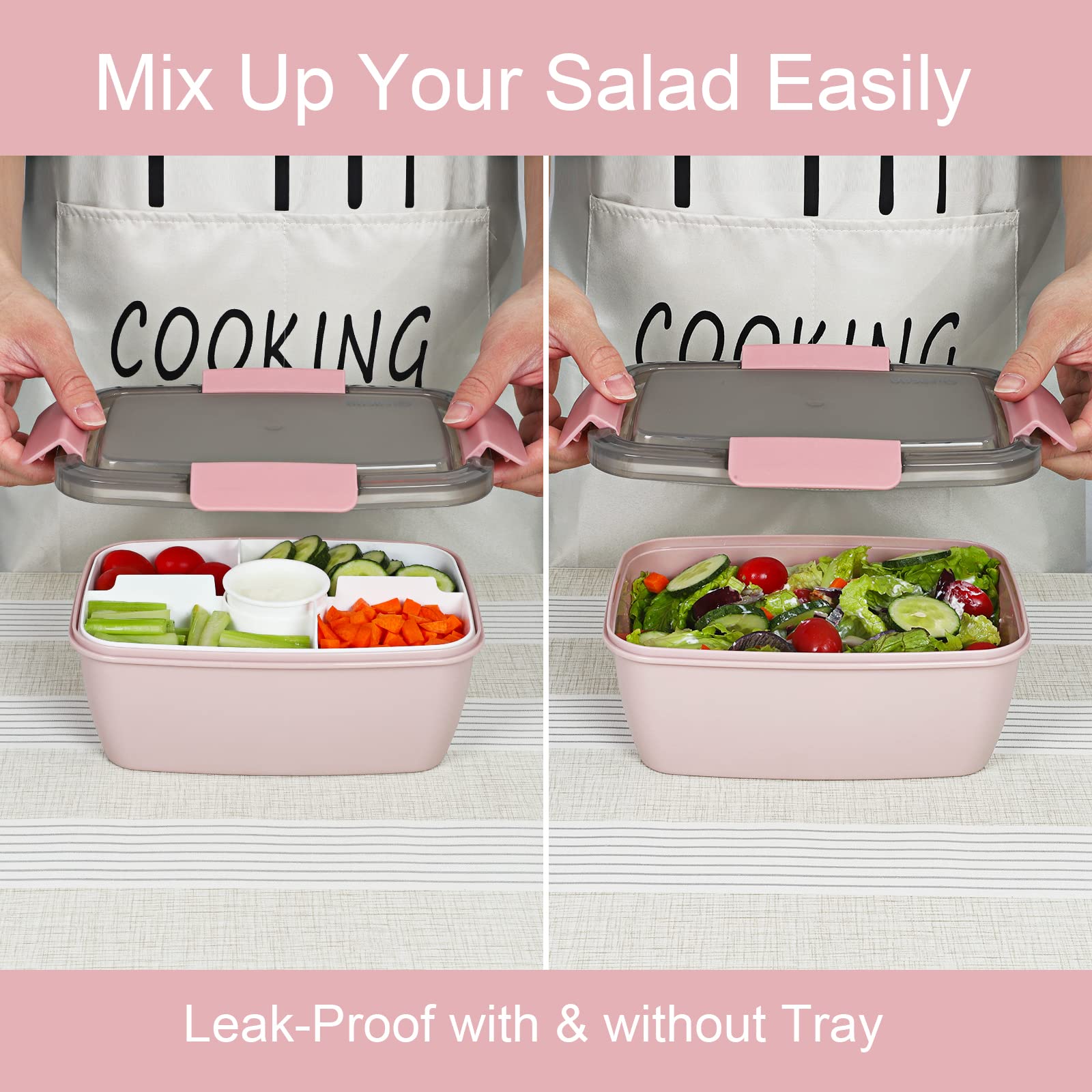 Caperci 2 Pack Large Salad Container for Lunch - 68 oz Salad Bowls To Go, Leakproof Bento Box Adult with 5 Compartments Tray, 4pcs 3-oz Sauce Cups, Reusable Spork & BPA-Free (Navy & Pink)