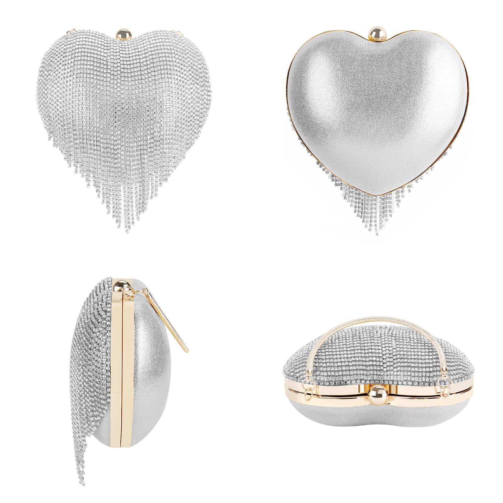Women Heart Shape Crystal Tassel Evening Clutch Bag, Single-Sided Rhinestones Lady Party Wedding Crossbody Shoulder Ring Handle Handbag (Not Compatible with Phone) (Silver)