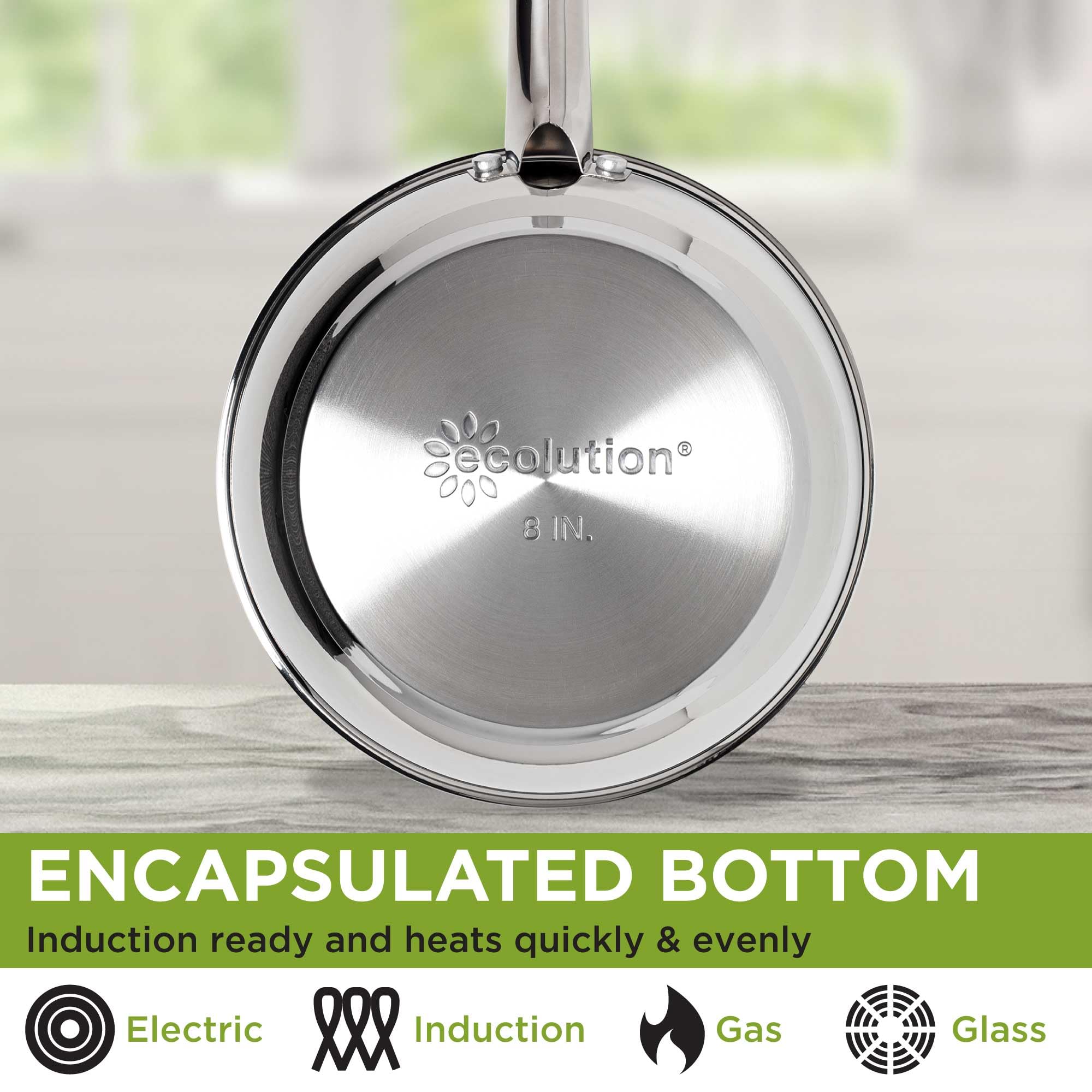 Ecolution Classic Stainless Steel Fry Pan, Professional Quality Sauté, Encapsulated Base, Comfort Grip Riveted Handles, All Cooktop Safe, Oven Safe, Dishwasher Safe, 8-Inch
