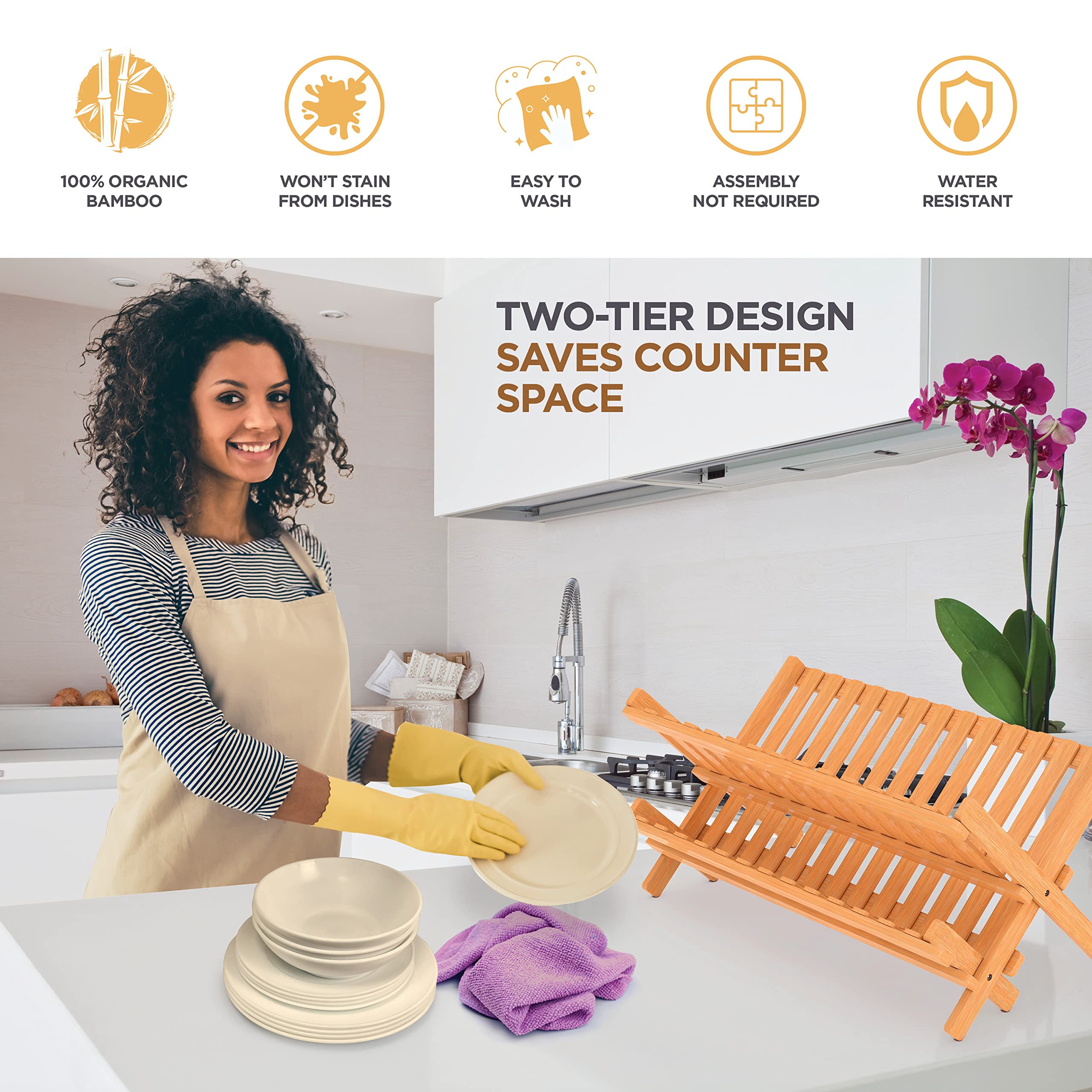 Collapsible Dish Drying Rack and Expandable Bamboo Silverware Organizer