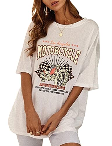 SAFRISIOR Women Vintage Motorcycle Print Graphic T-Shirt Short Sleeve Round Neck Casual Oversized Tee Shirt Top White