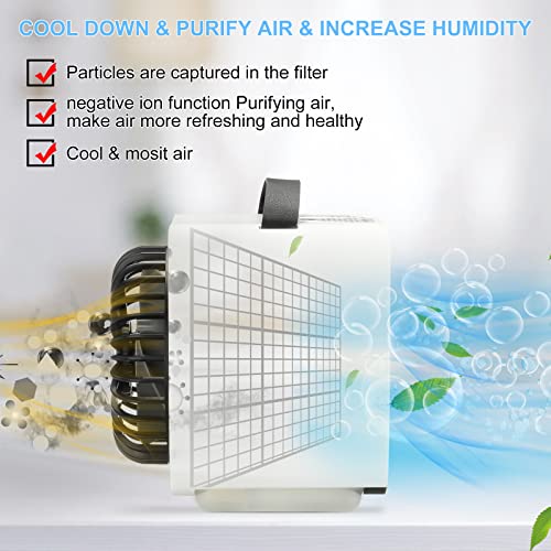 Portable Air Conditioner Fan, Mini Fan Air Cooler with 3 Wind Speeds, Desktop Evaporative Air Humidifier, Cooling Fan with Anion for Bedroom, Office, Dorm, Car, Camping Tent