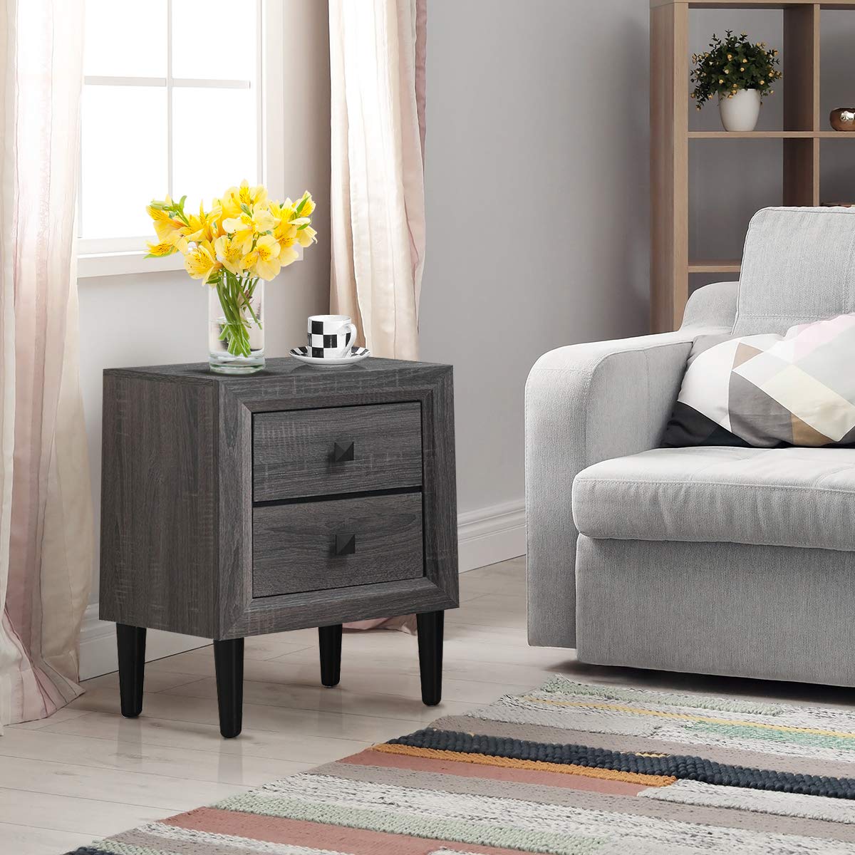 Giantex Nightstand with Drawer, Fully-Assembled 2-Drawer Bedside Tables with Solid Wood Legs for Bedroom, Modern Night Stand Side Table for Small Space Living Room, Grey