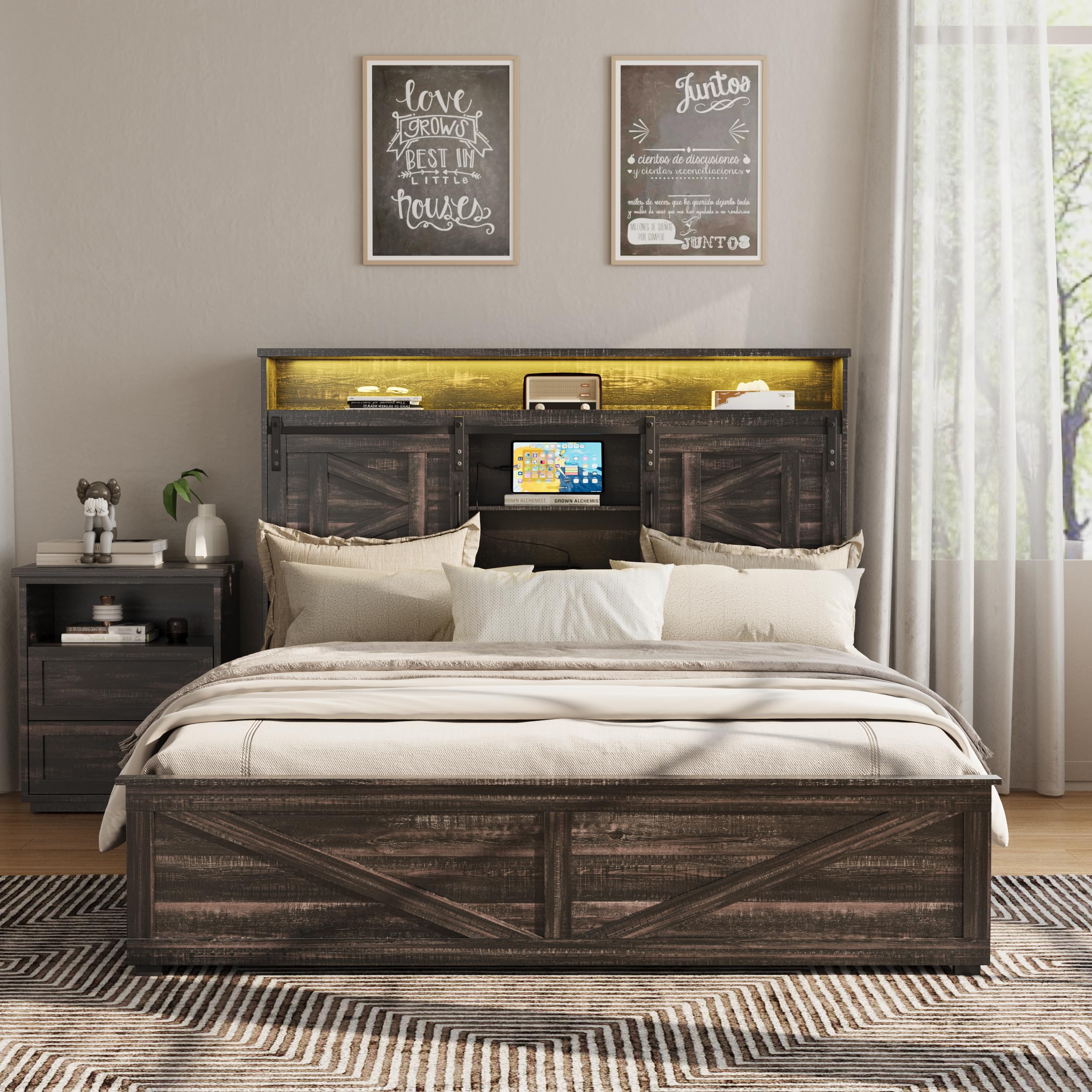 Fameill Farmhouse Queen Size Bed Frame with 4 Drawers and Bookcase Headboard, Sliding Barn Door Storage Shelves, LED Lights and Charging Station, No Box Spring Needed, Dark Rustic Oak