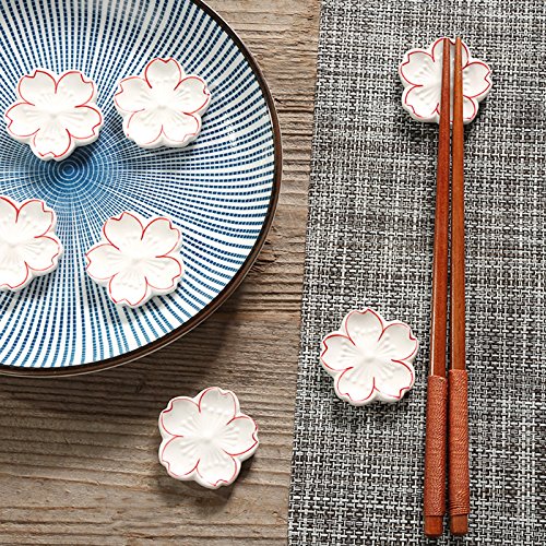 CHOOLD Elegant Cherry Blossom Ceramic Chopsticks Rest Rack Dinner Spoon Stand Knife Fork Holder,Sakura Chopsticks Stand(Set of 6)