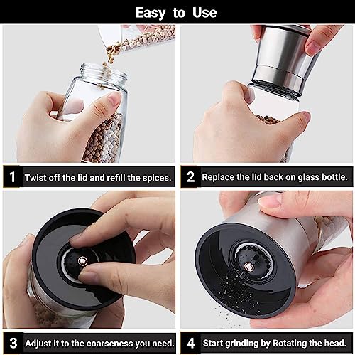 Salt and Pepper Grinder Set, Trofoty Stainless Steel Sea Salt & Pepper Grinder Refillable Set, Manual Adjustable Ceramic Salt and Pepper Grinders, Clear Glass Metal Pepper Mill Set - 2 Pack
