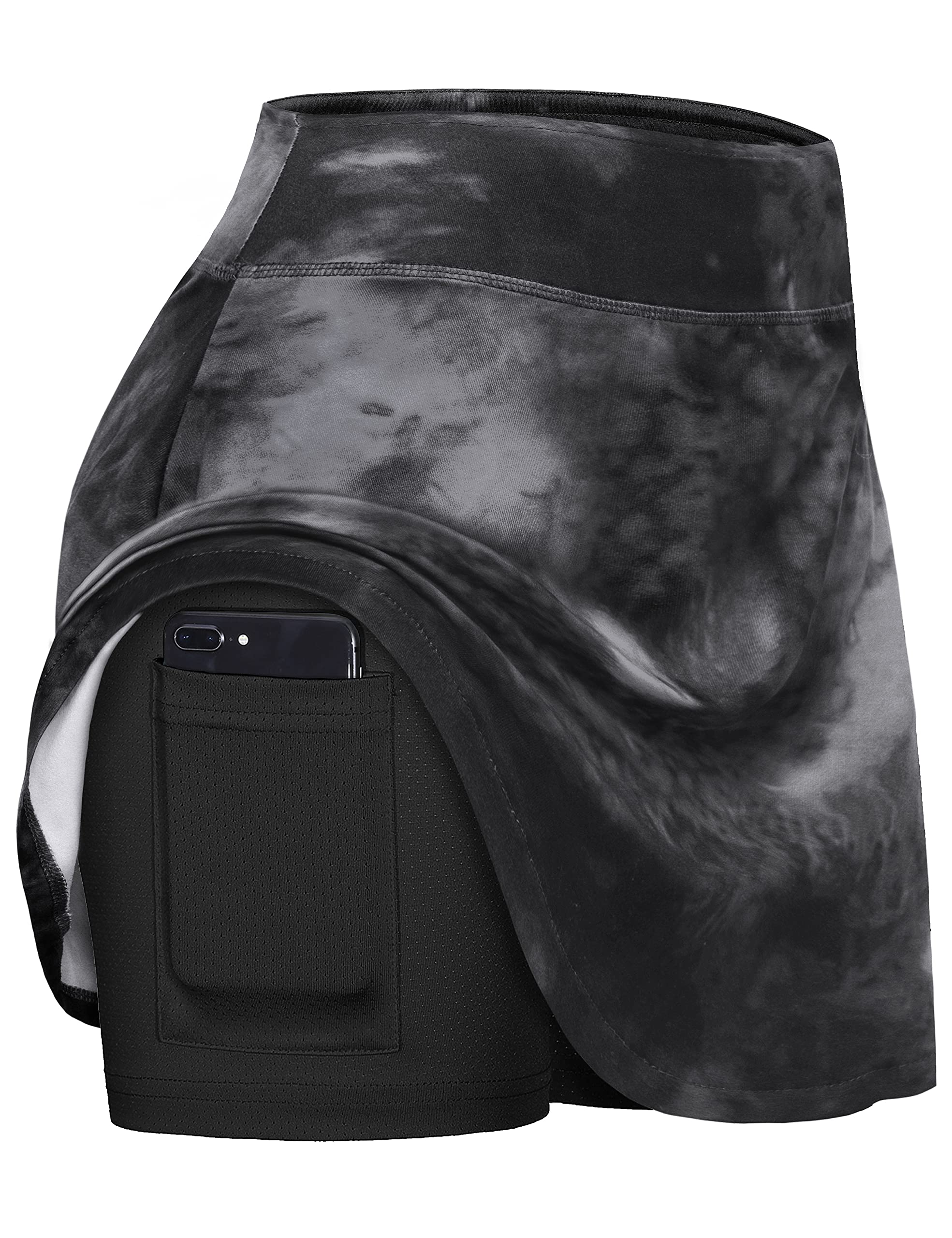 BLEVONH Skorts Skirts for Women,Tennis Golf Running Active Pleated Skirts with Liner Inner Pocket Black Grey Tie-dye 3XL