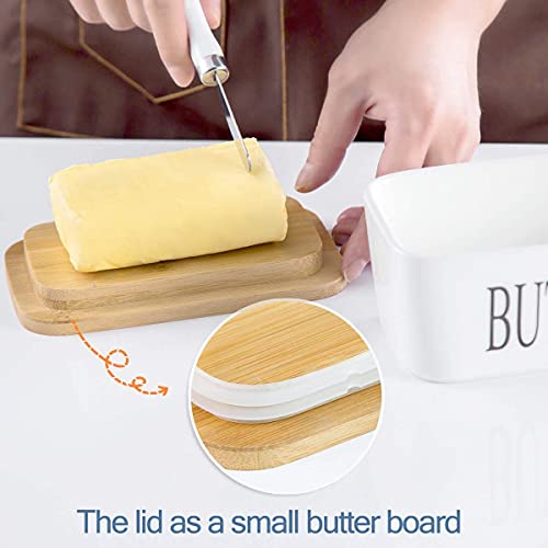 CHILDHOOD Large Butter Dish - Ceramic Butter Dish with Lid and Knife, Butter Container Double Silicone Seals, Good Kitchen Gift (White)