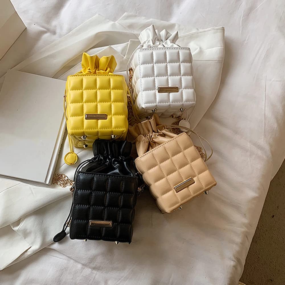 Box Bag Mini Box-Shaped PU Leather Crossbody Bag Solid Color Square Ladies Crossbody Bag Drawstring Pouche - Chain Crossbody Bag (White)