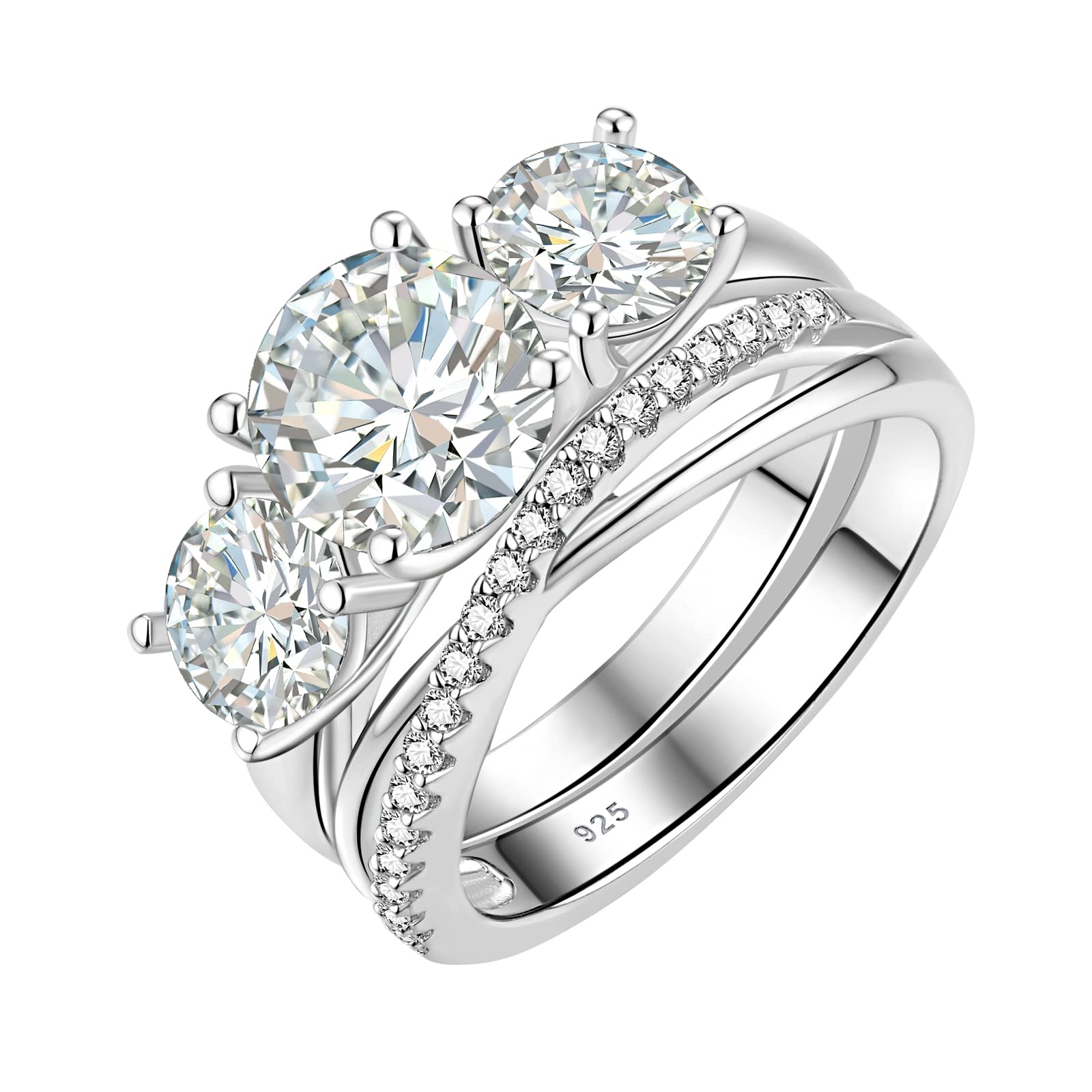 Blongme 3.7Ct Three-Stone Engagement Wedding Ring Sets Cz Promise Wedding Rings for Women 925 Sterling Silver Round Cut Sparkling Wedding Band Size 7