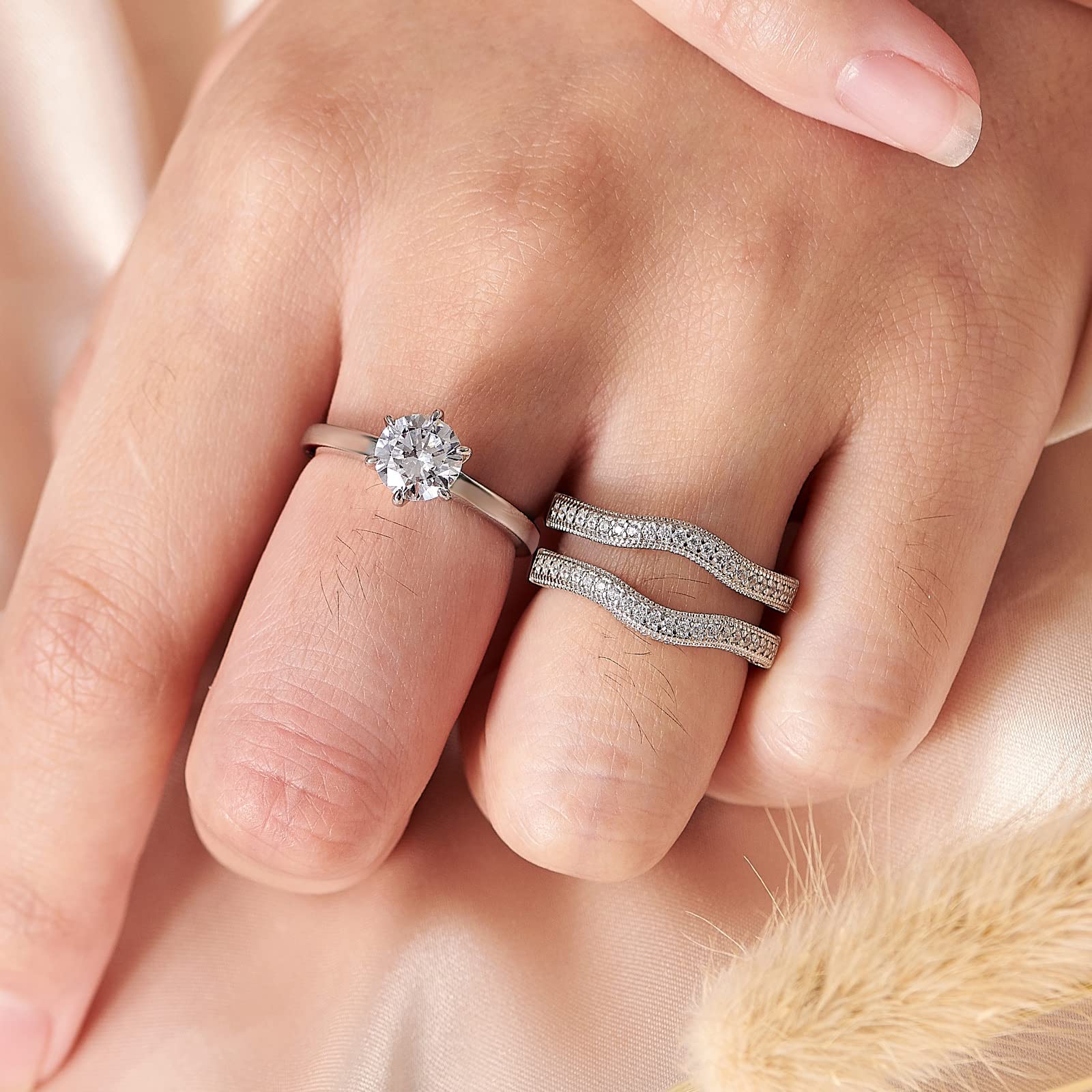 Blongme Curved Wedding Bands for Woman 925 Sterling Silver Ring Enhancer Guard for Engagement Wedding Rings Stackable Engagement Enhancer Guard AAAAA CZ Size 7