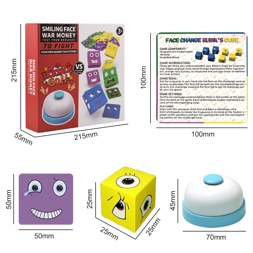 Wooden Expression Puzzle Building Cubes Game Face Changeing Magic Cube Building Blocks with Bell Parent-Child Board Games for 3+ Years Kids Educational Montessori Toys Gifts