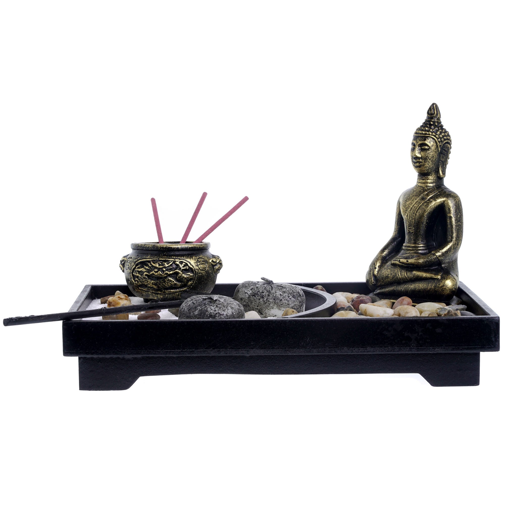 London Boutique Meditation Gift Set Yin Yang Meditation Zen Garden Candle Incense Holder White Sand and Decorative Stones (Thai Buddha)
