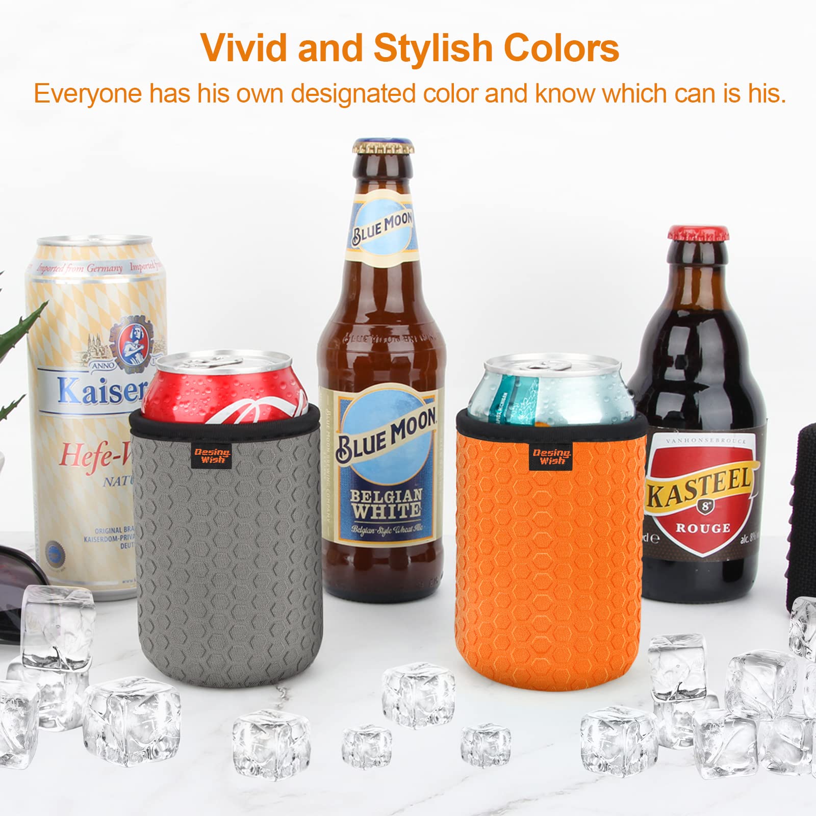 Desing Wish 12oz Standard Can Cooler Sleeve Holder Honeycomb Embossing Soda Can Cooler Insulated Sleeves Covers Non-slip Neoprene Drink Can/Bottle Holder 6 Pack (Black/Red/Blue/Orange/Green/Grey)