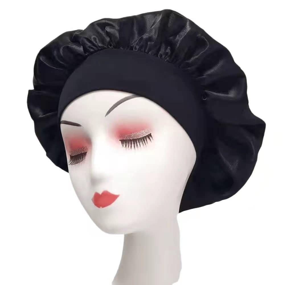 LFRNZS Satin Bonnet, Sleep Cap for Women Hair Care,Sleeping Hair Bonnet, Soft Wide Elastic Band Silk Bonnet, Night Bonnet (Black)