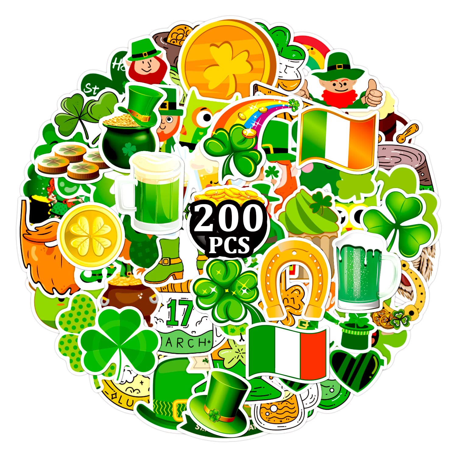 Celaza 200pcs St.Patricks Stickers, Self-Adhesive Stickers with Shamrocks Clover Gold Coin Sticker, St.Patricks Day Goodie Bags Fillers for Kids Wraps Decorations Ornaments