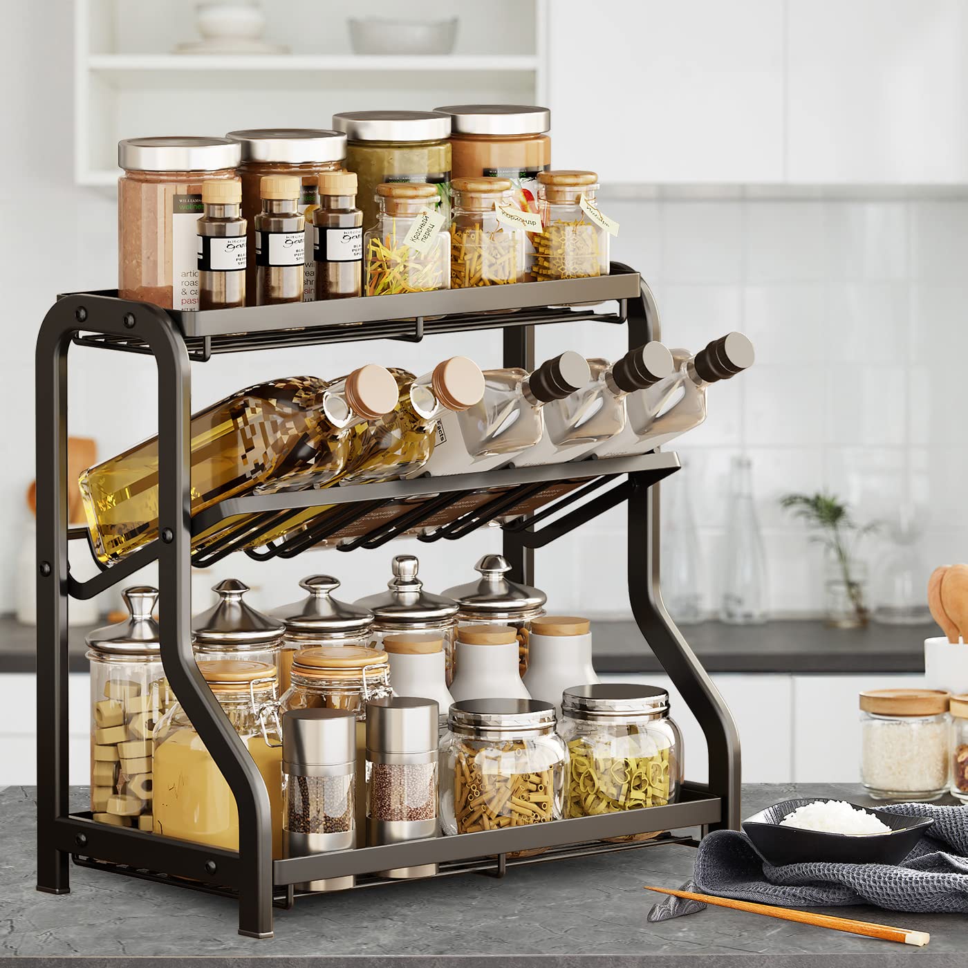 Cabinet Storage Shelf Organizer Rack, Heavy Duty Cupboard Stand Spice Rack Adjustable Height Pantry Garage Shelf Space Riser for Counter Kitchen and Bathroom Organization