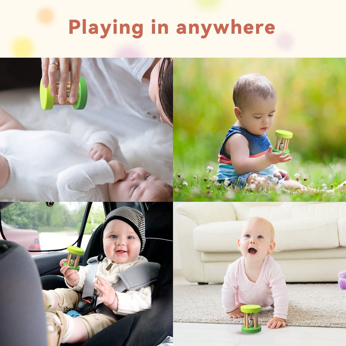 Wooden Rattle Natural Spinning Rainbow Drum Montessori Baby Roller Bell Toys Nursing Shower Gifts Green