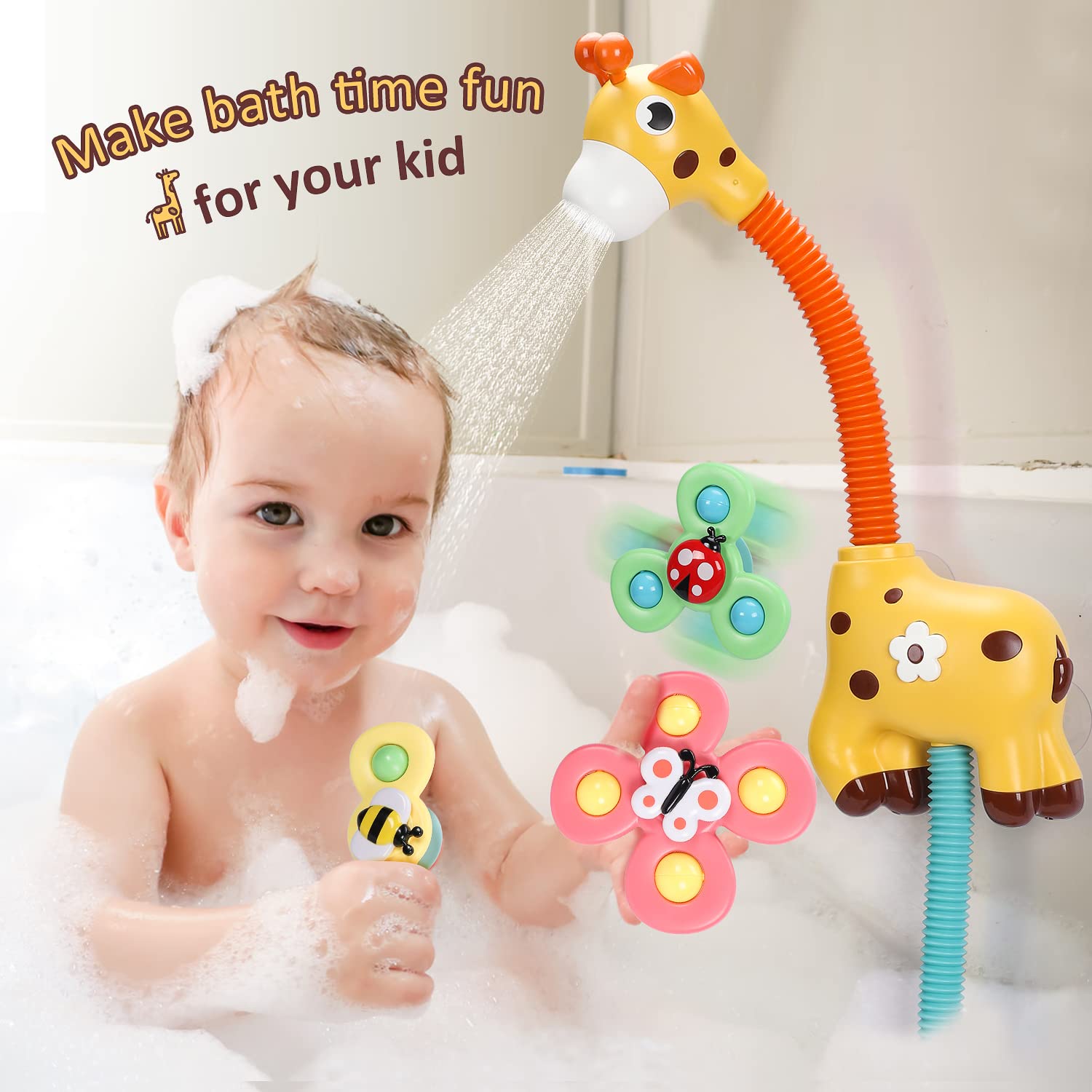 CLYMENE Bath Toys for Toddlers, Giraffe Shower Water Pump with 3 Suction Spinner Toys for Maximum Tub Bathtime Fun for Babies and Toddlers