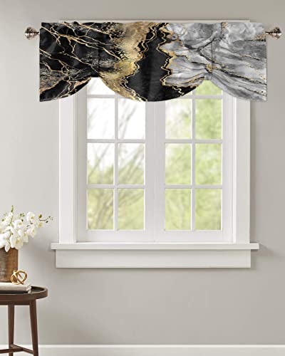 SIGOUYI Kitchen Curtains, Black White Gold Marble Valances for Windows, Short Curtains Rod Pocket Bathroom Curtains Window, Kitchen Window Curtains Over Sink, 42x12in Valances for Kitchen