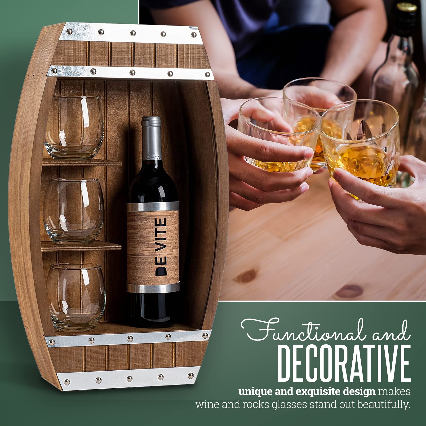 Wooden Wine Barrel Display - Pinewood Display Case with Sliding Cover Ideal for Wine Whiskey Scotch & More - 3 Built-In Shelves for Stemless Wine or Rocks Glasses, A Gift for Wedding or Any Occasion