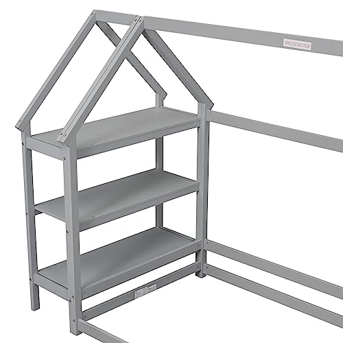 DEYOBED Gray Twin House Floor Bed with 2 Removable Stands - Unique House Design for Kids