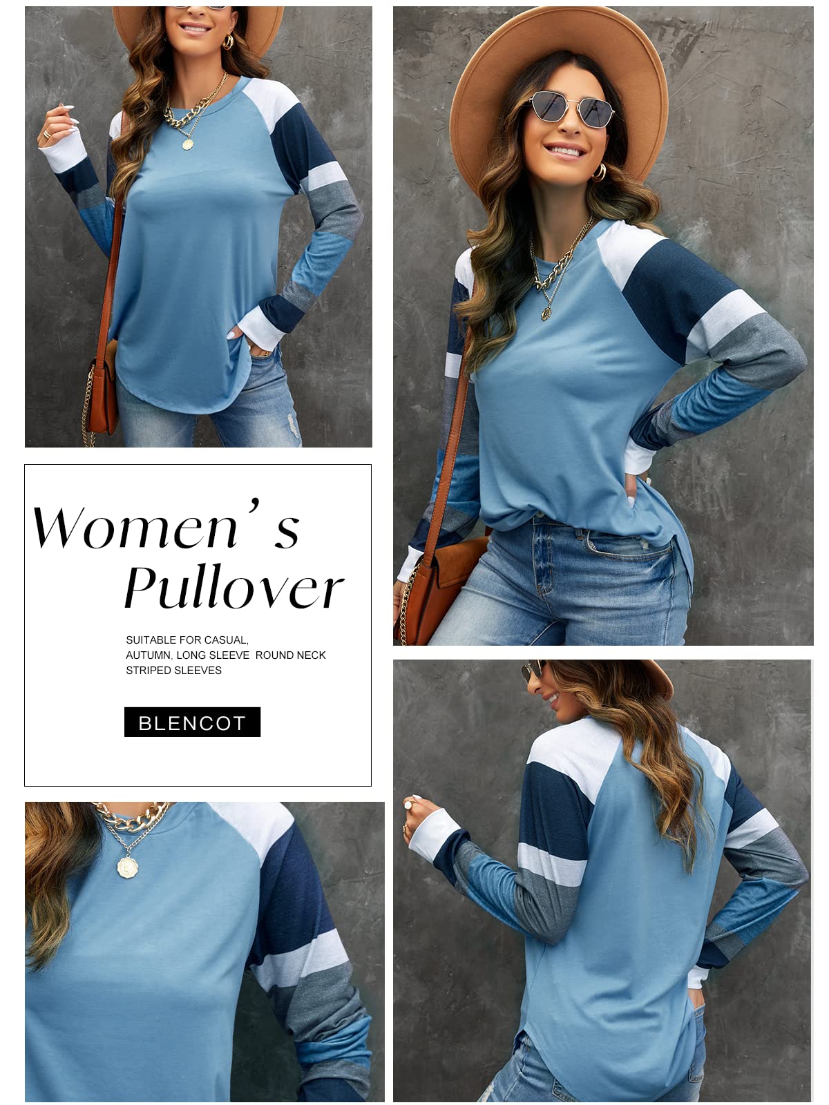BLENCOT Womens Winter Long Sleeve Tunics Blue Tops Color Block Casual Lightweight Sweatshirts Pullover (US16-18) X-Large