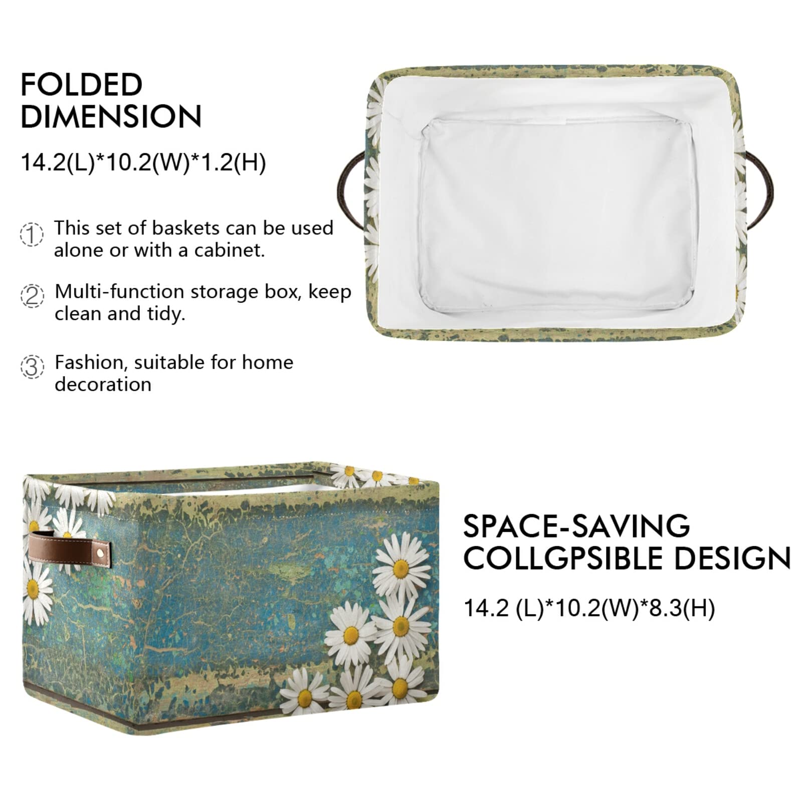 Flower Floral Daisy Wood Storage Bin Canvas Toys Storage Basket Bin Large Storage Cube Box Collapsible with Handles for Home Office Bedroom Closet Shelves,1 pc