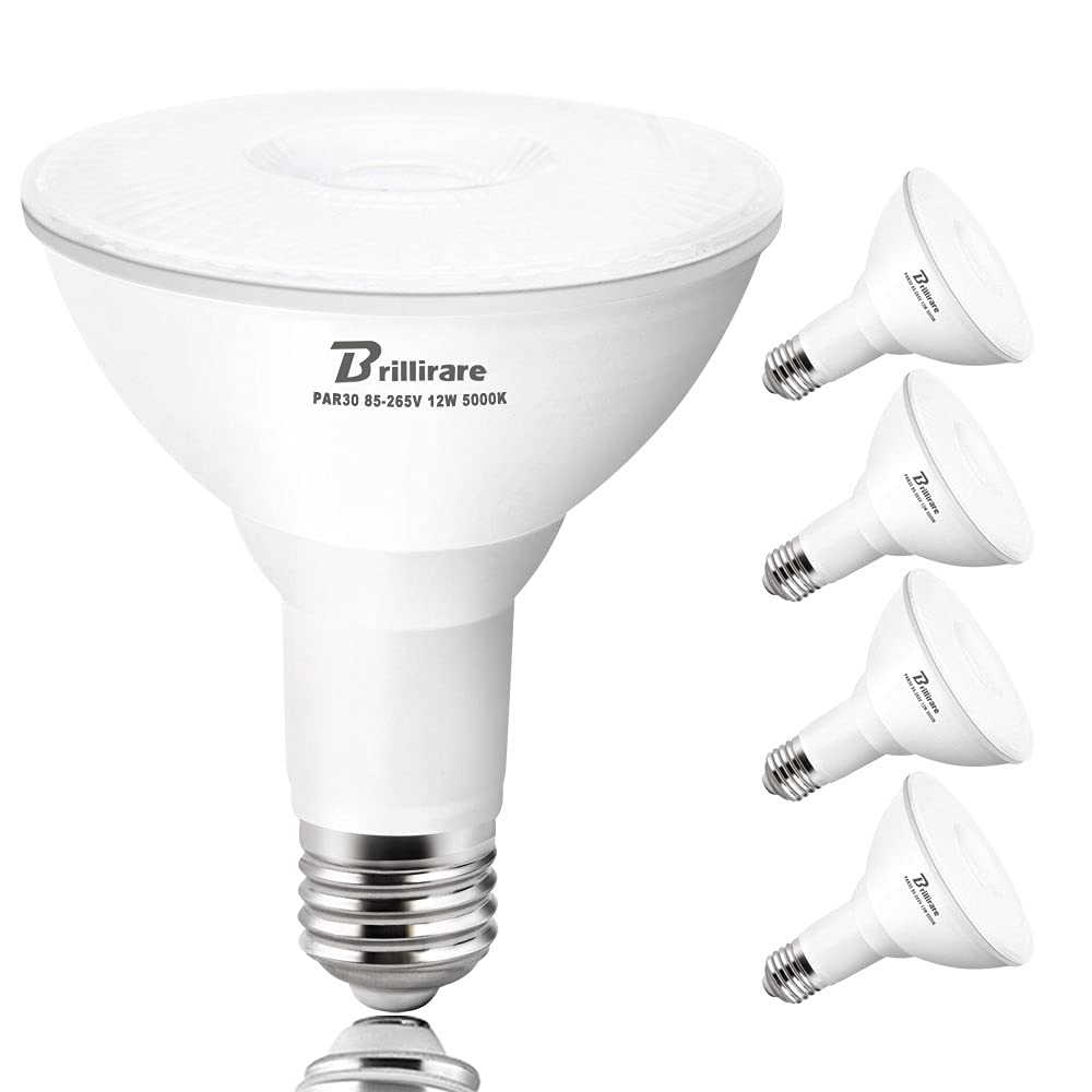 BRILLIRARE 4 Pack PAR30 LED Bulbs, Flood Light Bulb, 100W Halogen Equivalent, 12W 1,000LM 25,000H Lifetime, Cool White, 5,000K Daylight, E26 Indoor/Outdoor Accent Spot Track Light