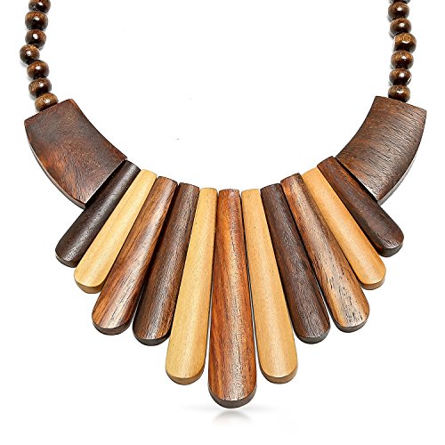 Bling Jewelry Big Tribal Artisan Multi Tone Teak Wood Boho Tribal Fan Bib Collar Statement Necklace for Women Adjustable
