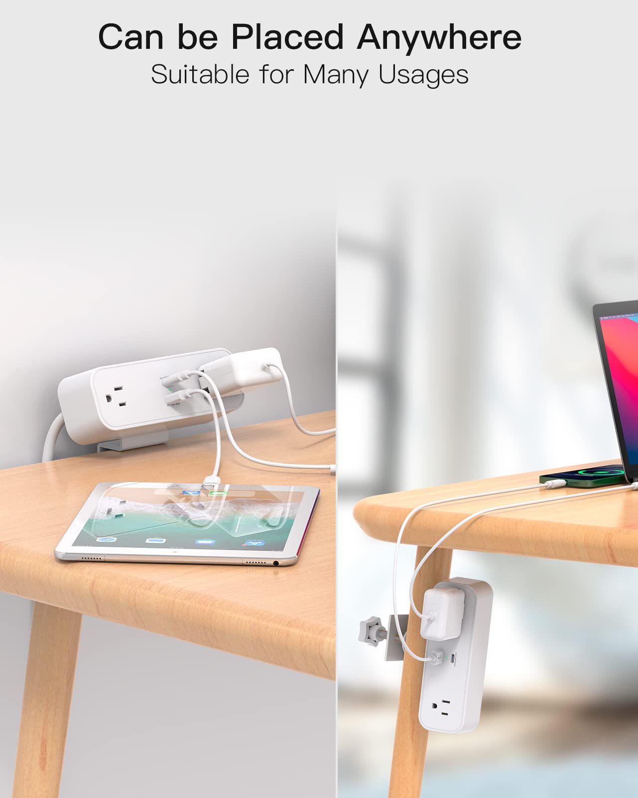 Desk Clamp Power Strip 10ft Flat Plug Extension Cord with USB C, 2 Outlets, Surge Protector USB C (PD 20W), USB A(QC 18W) Fast Charging Ports,Table Outlets for Home, Office