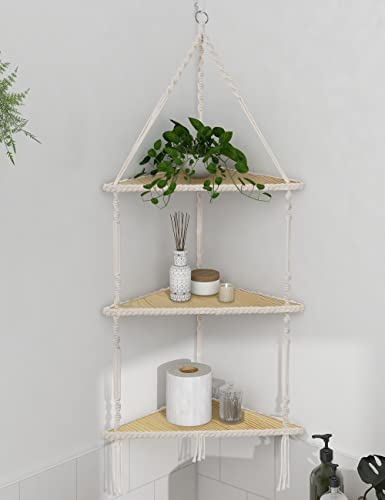 Mazjoaru Macrame Corner Shelves 3 Tier, Boho Handmade Woven White Rope Beige Hanging Floating Shelf Decor Display Storage Organizer for Bedroom Bathroom Office Living Room