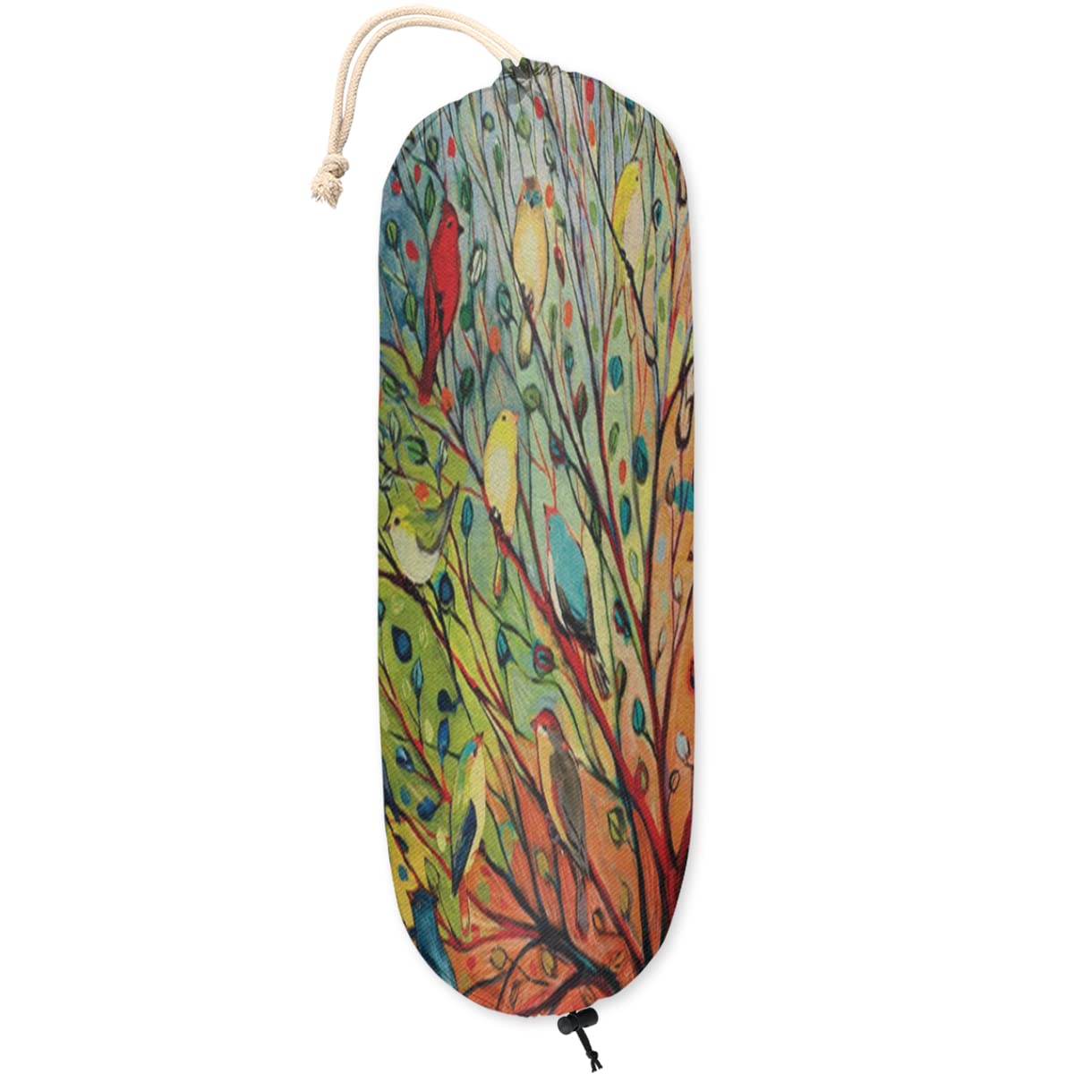 Colorful Bird Large Grocery Bag Holder, Vintage Tree Birds Plastic Bag Organizer with Hanging Loop Washable Grocery Bag Storage Dispenser for Home Kitchen Office Travelling Pantry Decor