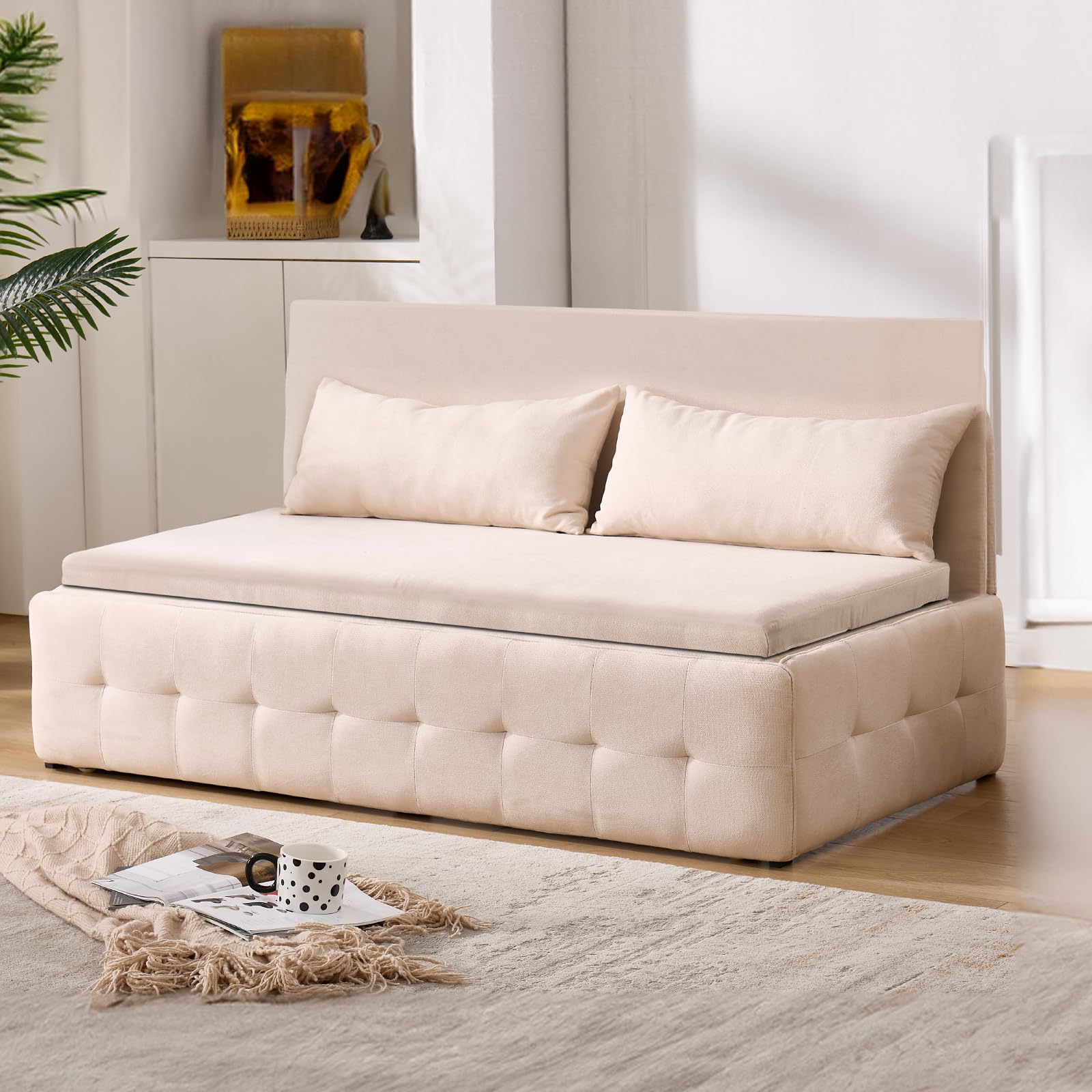 EDWINENE Pull-Out Sofa Bed, Convertible Sleeper Sofa Couch, Modern Comfy Sofa Cama with 2 Soft Pillows, Loveseat Couch for Living Room, Apartment (Beige)