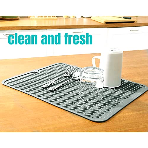 Silicone Dish Drying Mat for Kitchen Counter- Eco Friendly Food Grade Silicone Drying Mat - Easy to Clean Heat Resistant Dish Mat - Large (12" x 16") - Gray